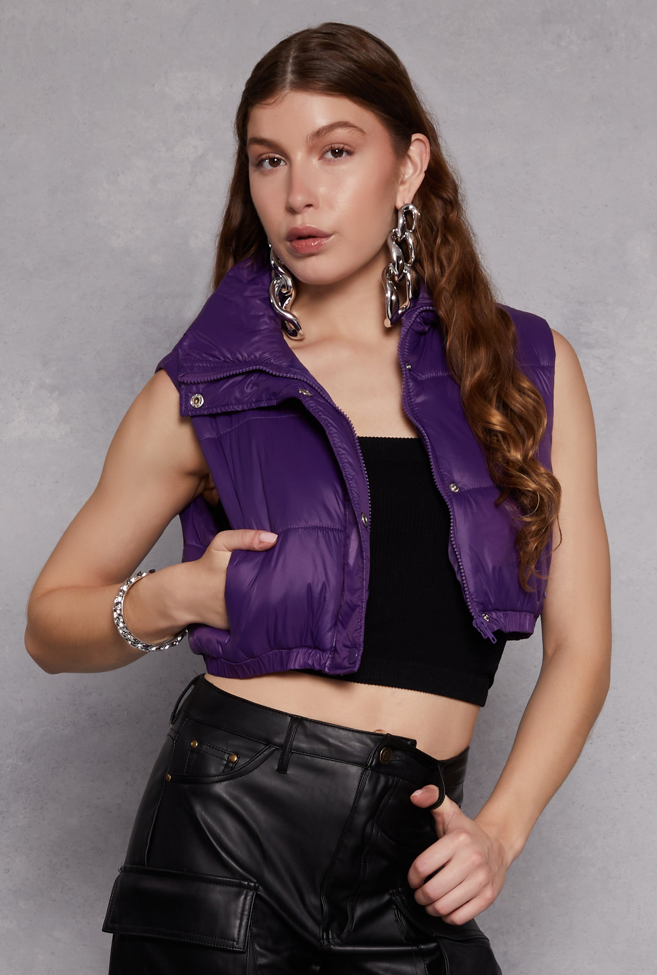 Daisy Snap Button Zip Front Cropped Puffer Vest - Walmart.com