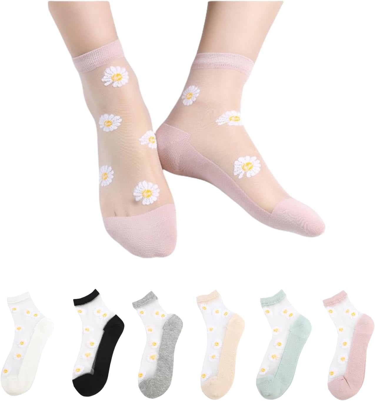 Daisy Socks Lace Sheer High Ankle Socks 6 Pairs Women Transparent Cute ...