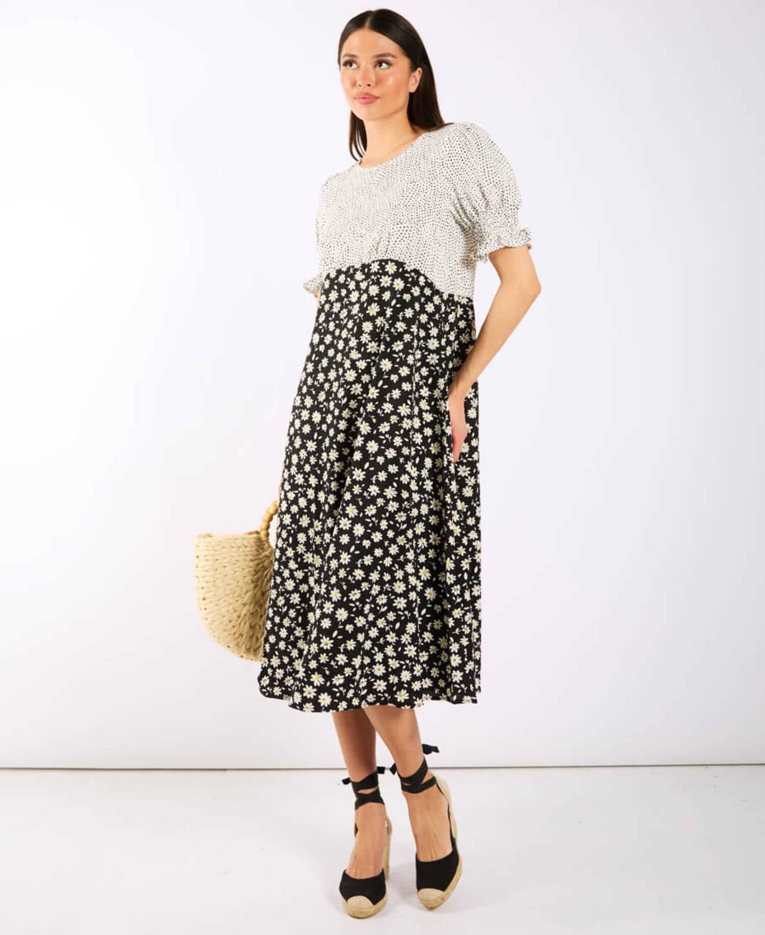 Daisy Spot Puff Sleeve Midi Dress - Walmart.com