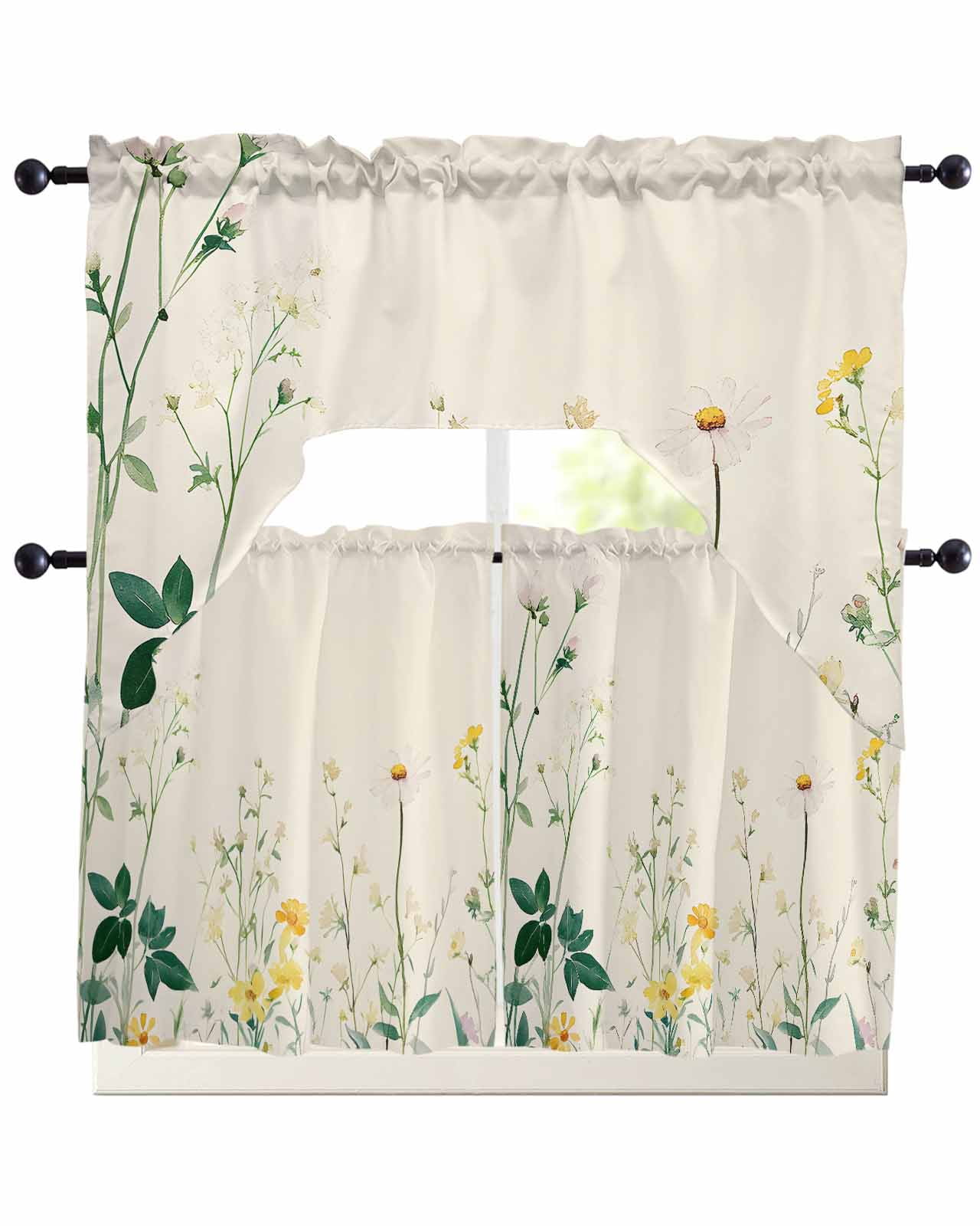 Daisy Spring Botanical Kitchen Curtains Swag Valance and Tier Curtains Set 36 Inch Length ...