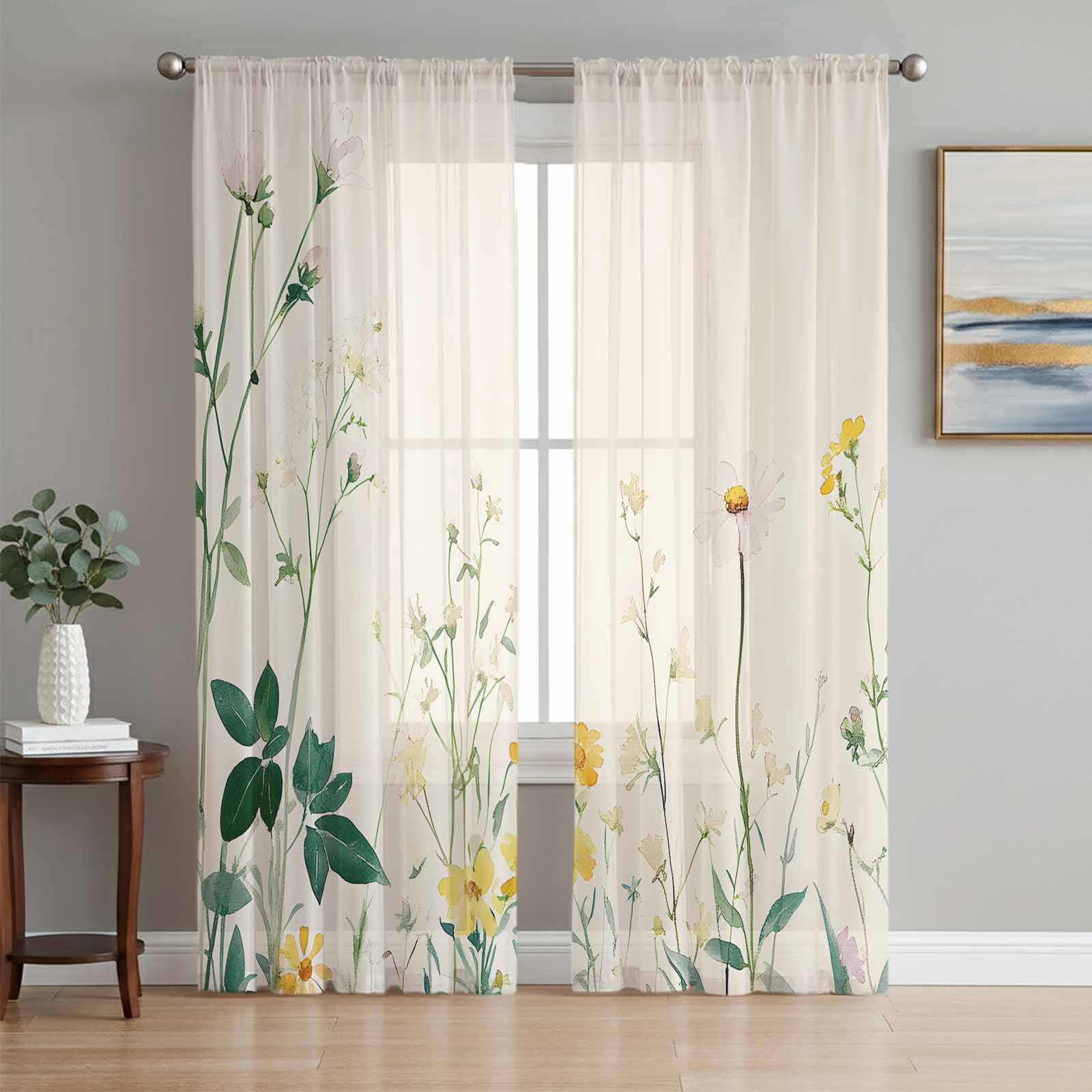 Daisy Spring Botanical Sheer Curtains 72 Inch Length 2 Panels Set ...