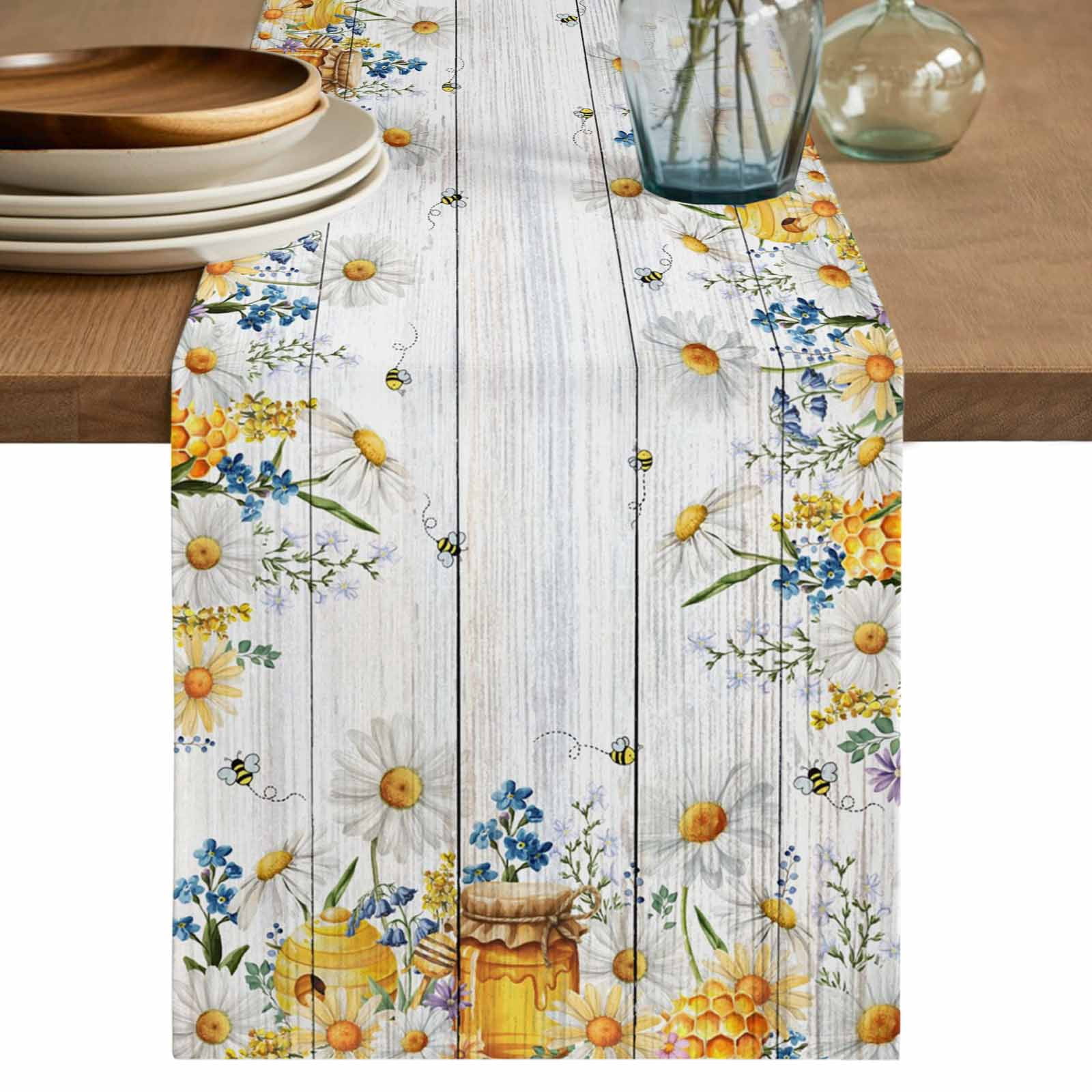 Daisy Spring Floral Table Runner, Farmhouse Botanical Green Leaves ...