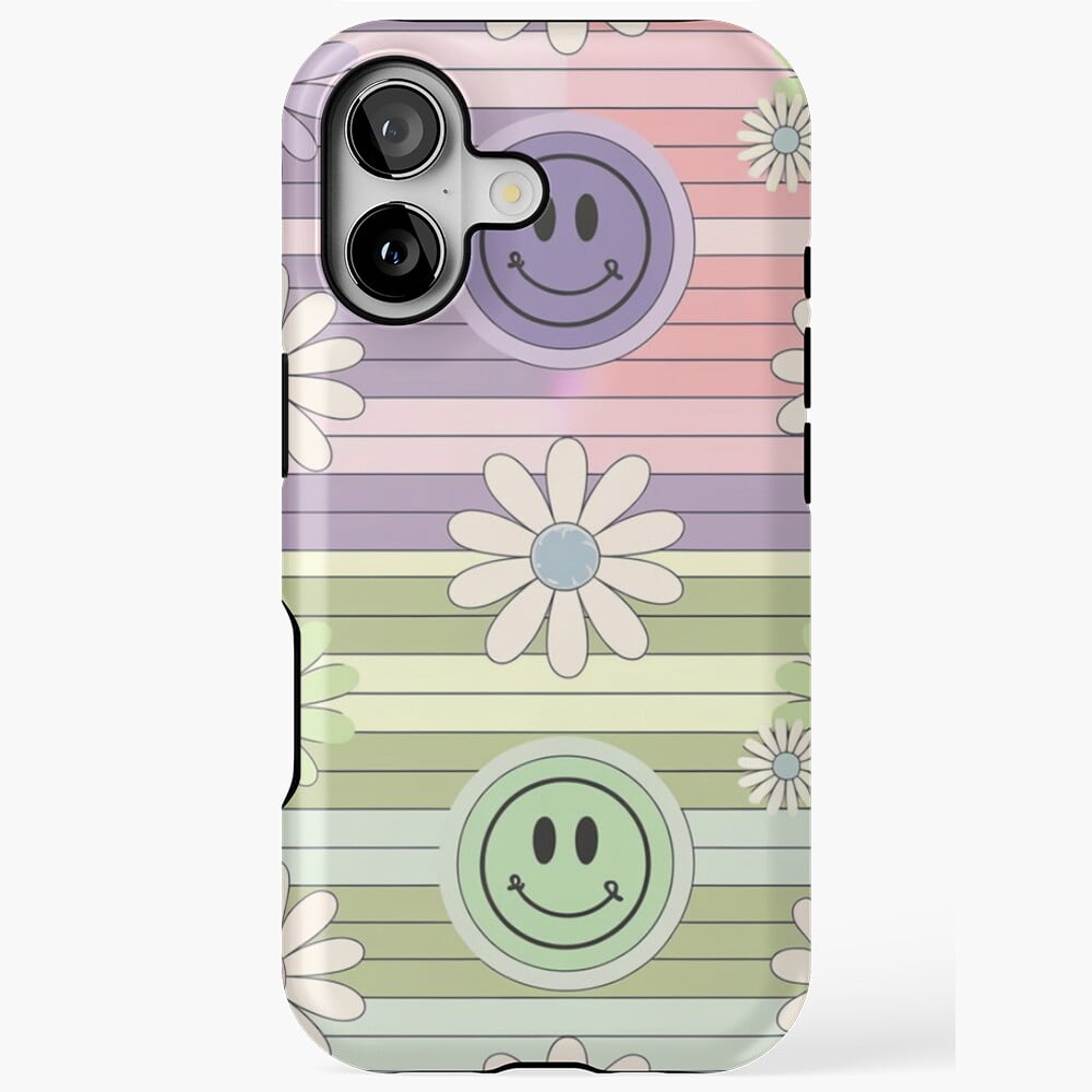 Daisy Striped Pattern with Smiley Faces iPhone Case 11 through 17 Pro ...