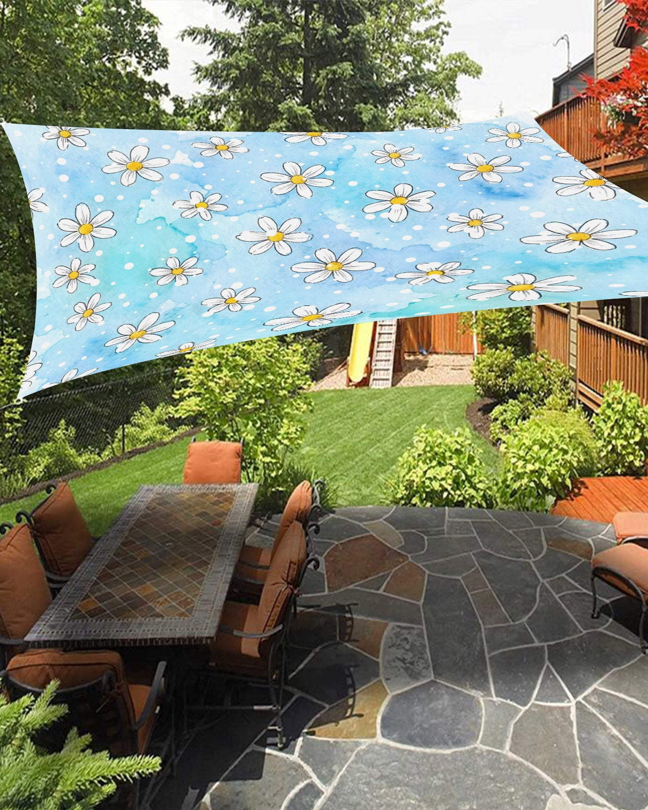 Daisy Sun Shade Sail 12'X16' Floral Blue Background Blue Gradient White ...