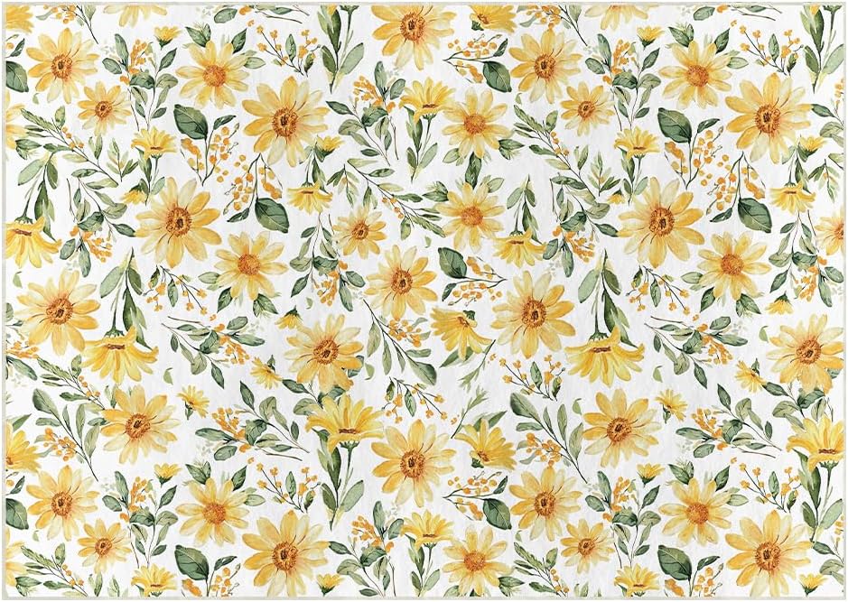 Daisy Sunflower Leaves Spring Area Rug, Summer Home Decor Low-Profile ...