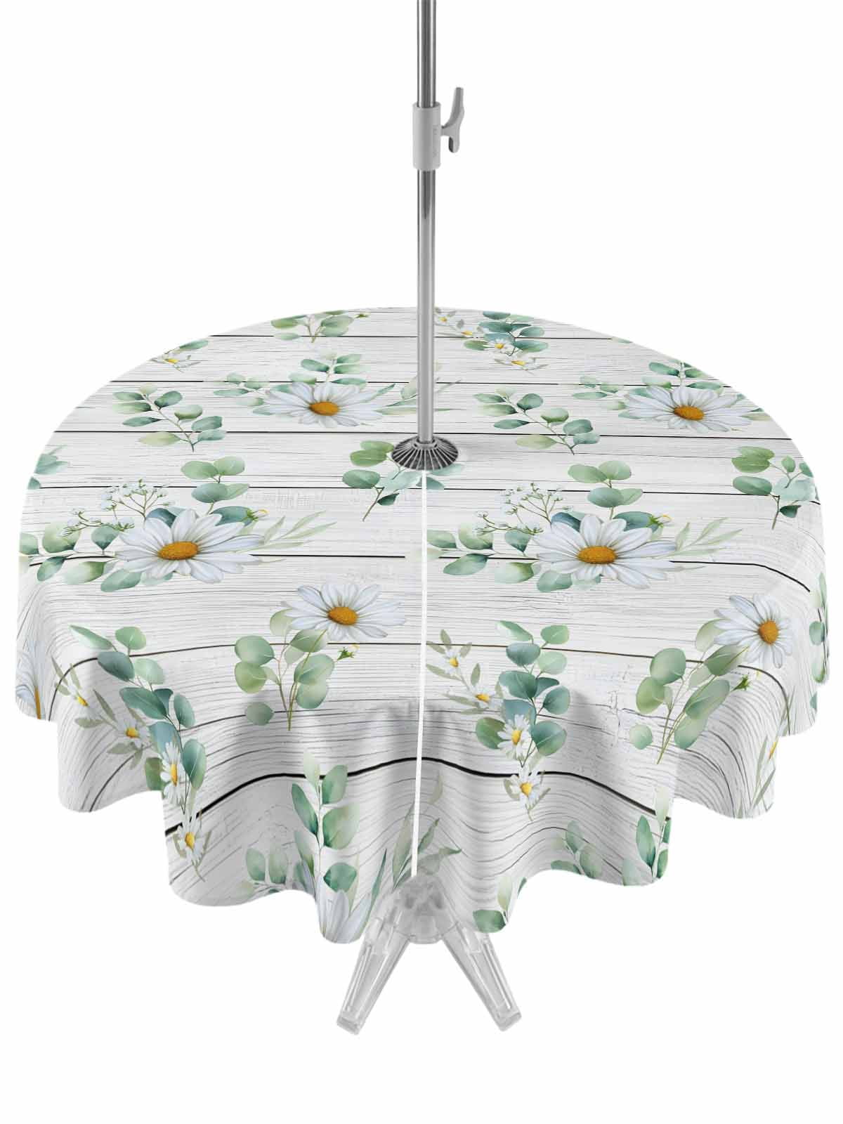 Daisy Table Cloth Round Tablecloth, Spring Floral Eucalyptus Leaves ...