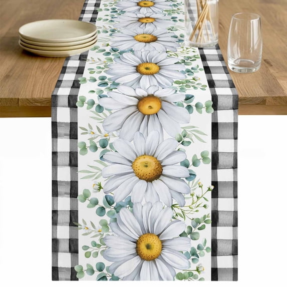 Daisy Table Runner - 72 Inch Long Spring Floral Black Plaid Eucalyptus ...