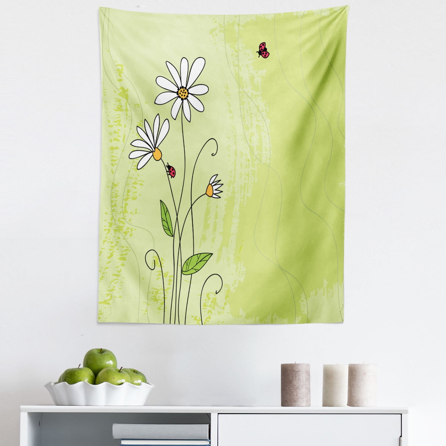 Daisy Tapestry, Hand Drawn Style Chamomile Flowers Ladybugs and Grunge ...