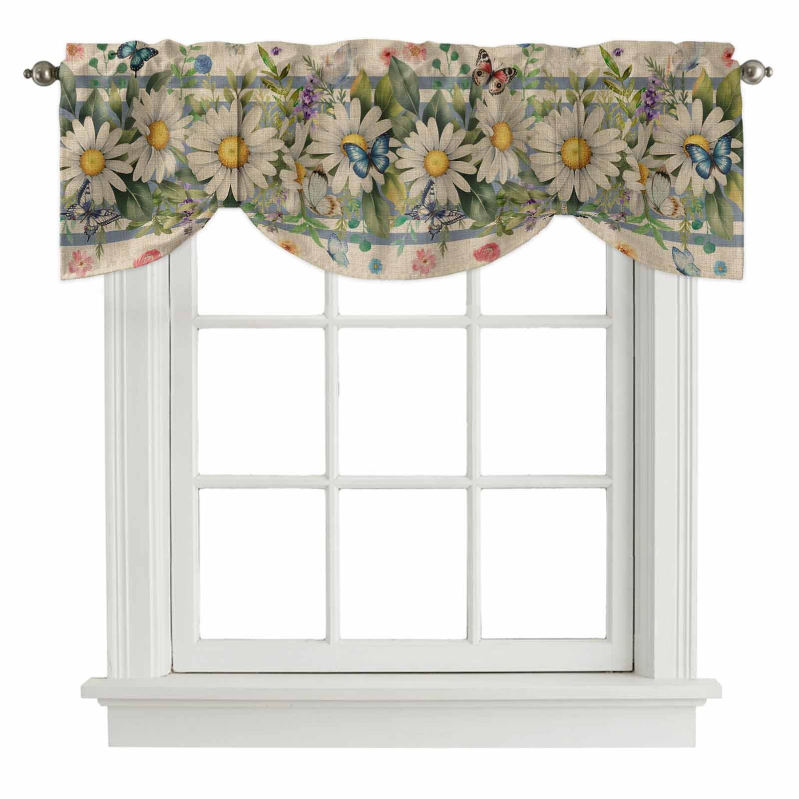Daisy Tie Up Valance for Windows, Watercolor Spring Floral Butterfly ...