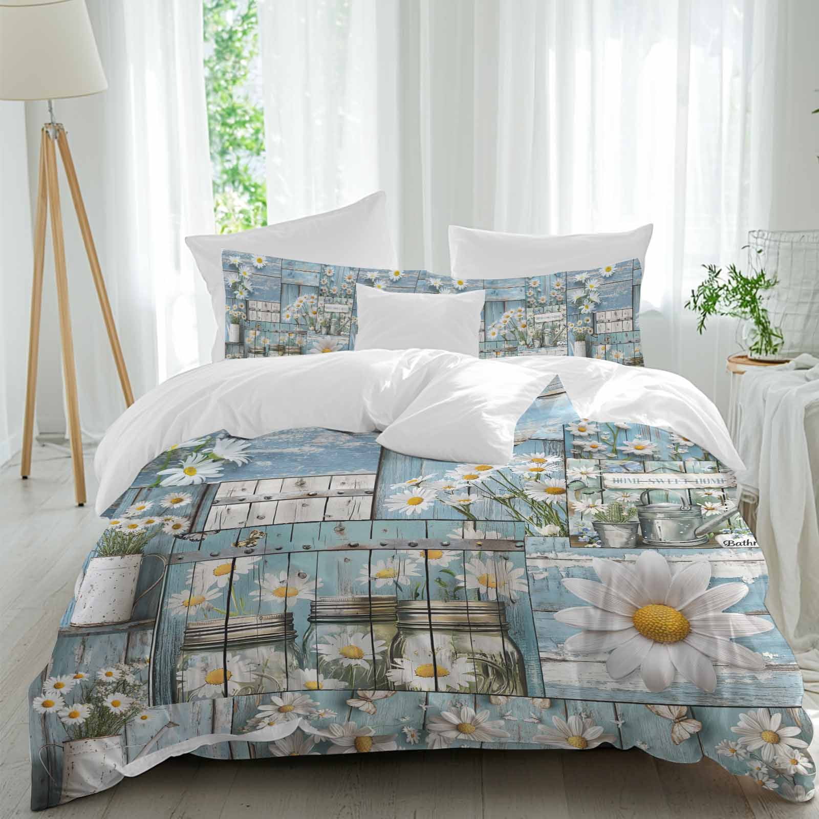 Daisy Twin Duvet Cover Set, Flowers Farmhouse 4 Piece Microfiber ...