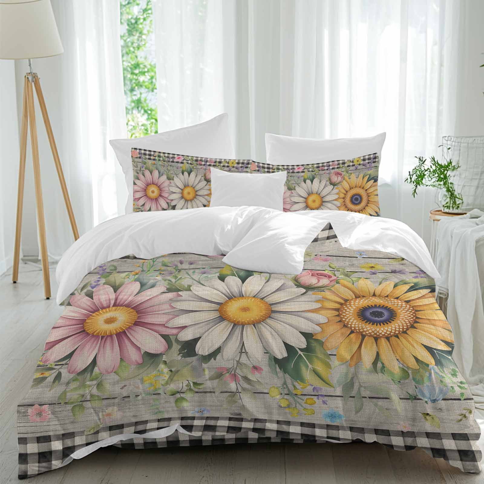 Daisy Twin Duvet Cover Set, Spring Pink White Yellow Floral Wood Grain ...