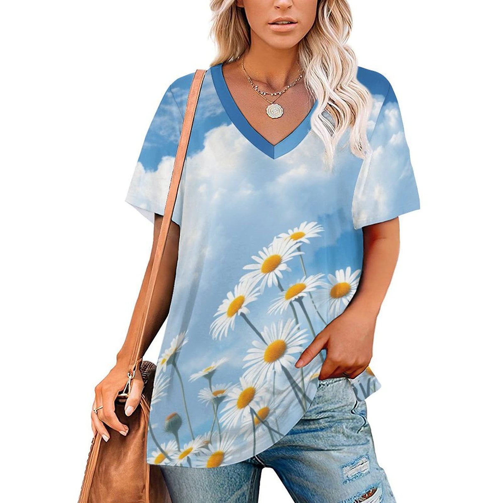 Daisy V Neck Fashion Oversize T-Shirt Short Sleeve Aesthetic Tee Shirt ...