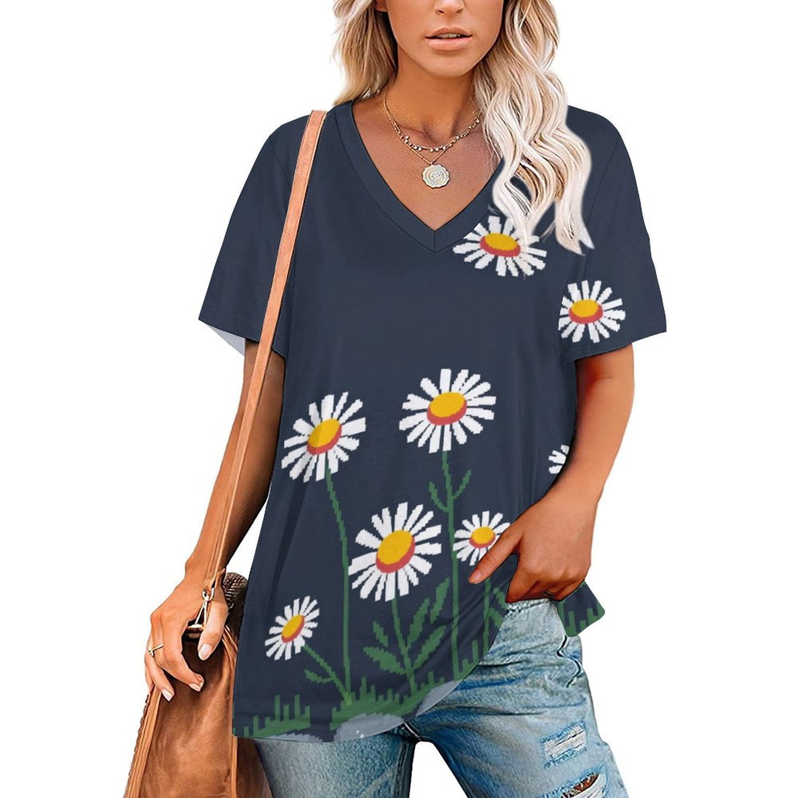Daisy V Neck Fashion Oversize T-Shirt Short Sleeve Aesthetic Tee Shirt ...