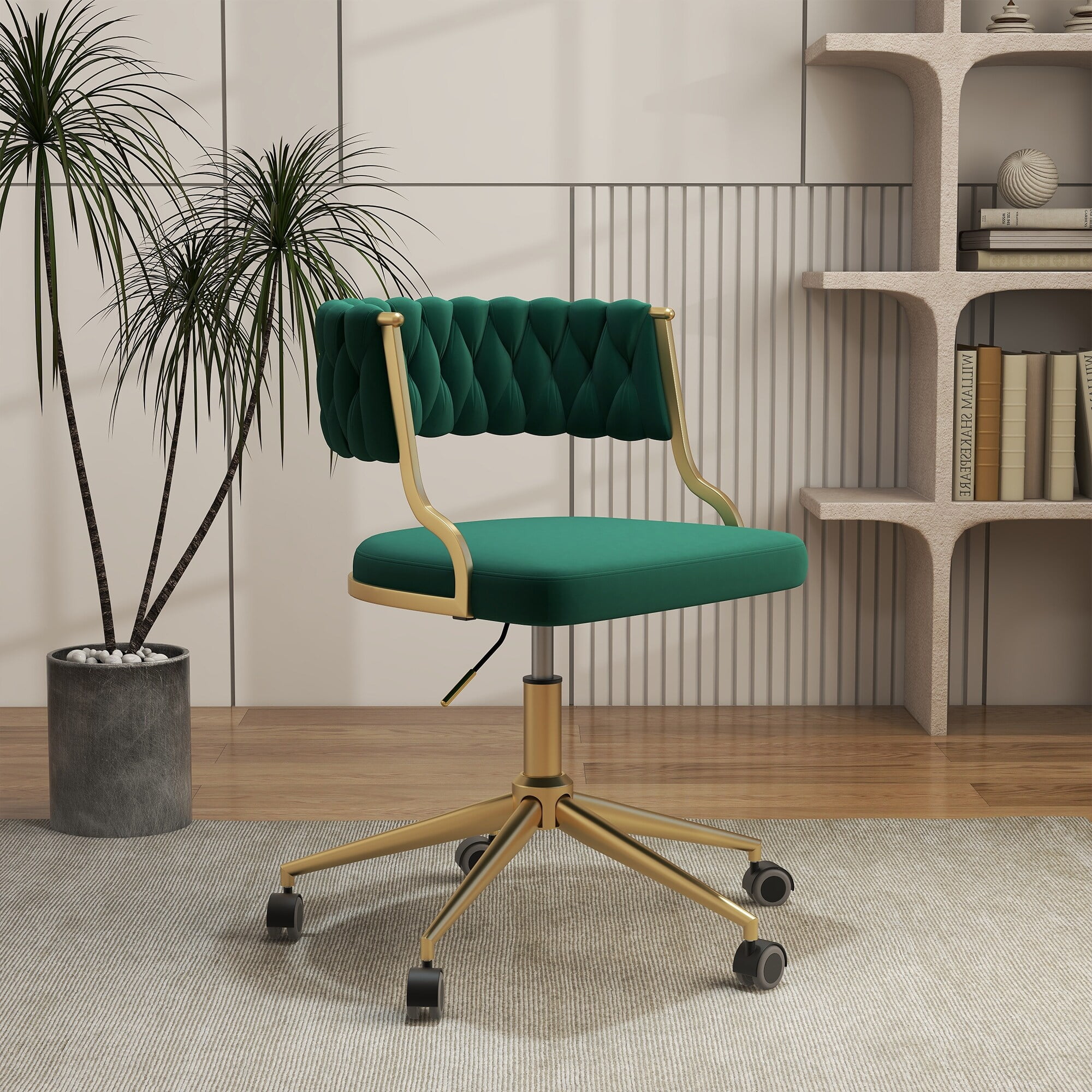 Daisy Velvet Office Desk Chair with Hand Woven Backrest Green - Walmart.com