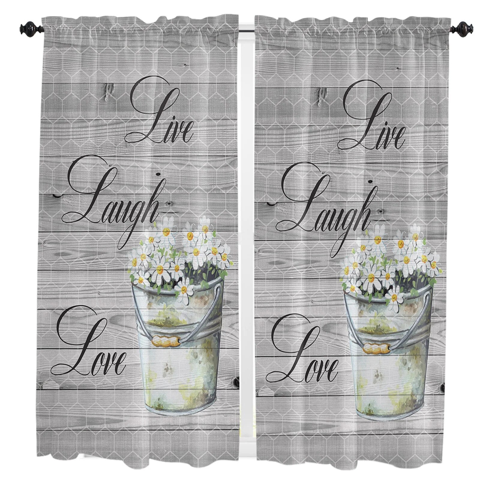 Daisy Vintage Wood Grain Small Curtain Rod Pocket Short Curtains Half ...