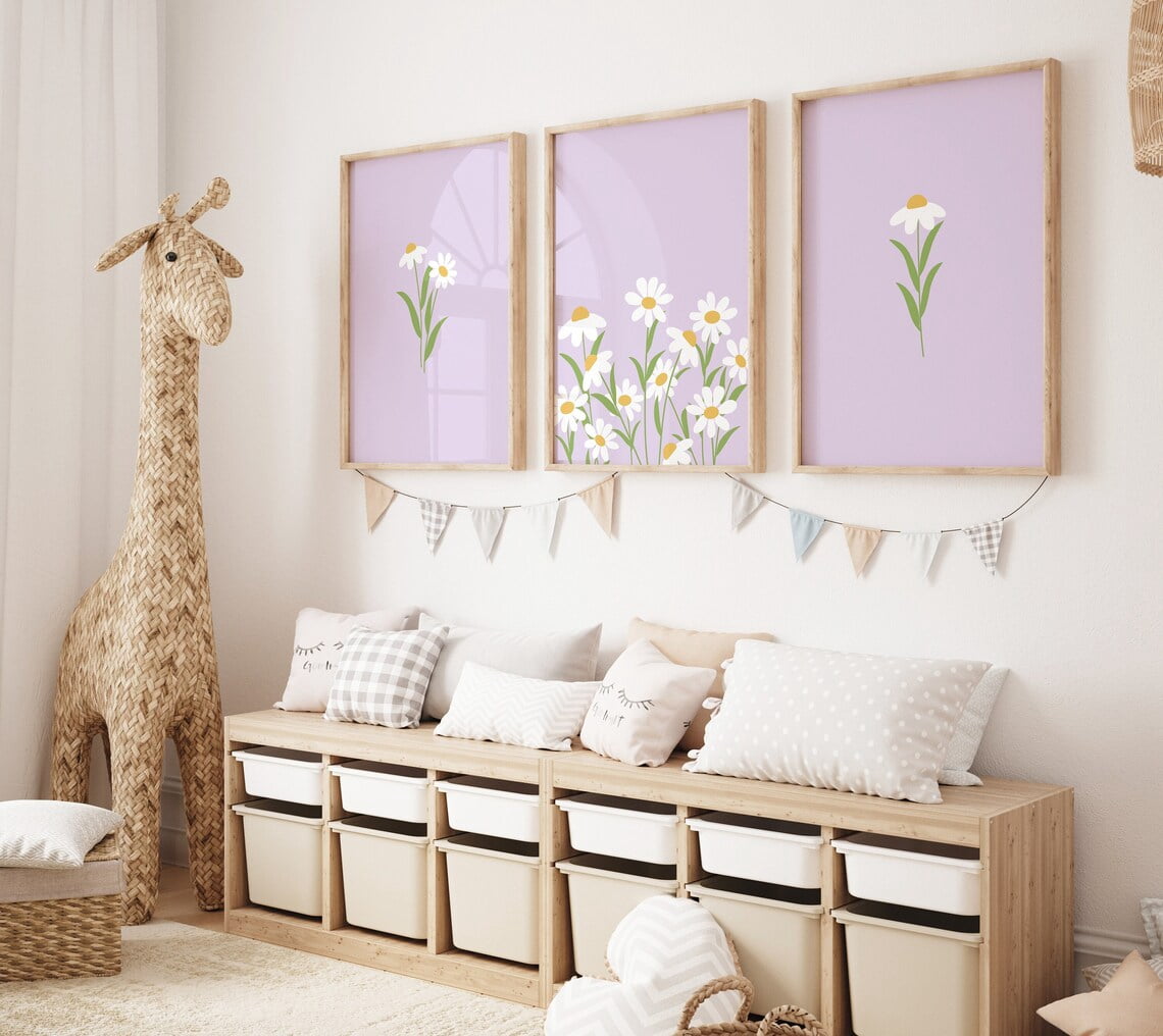 Daisy Wall Art Nursery Lilac Flower Illustration Girls Room Decor Set 3 ...
