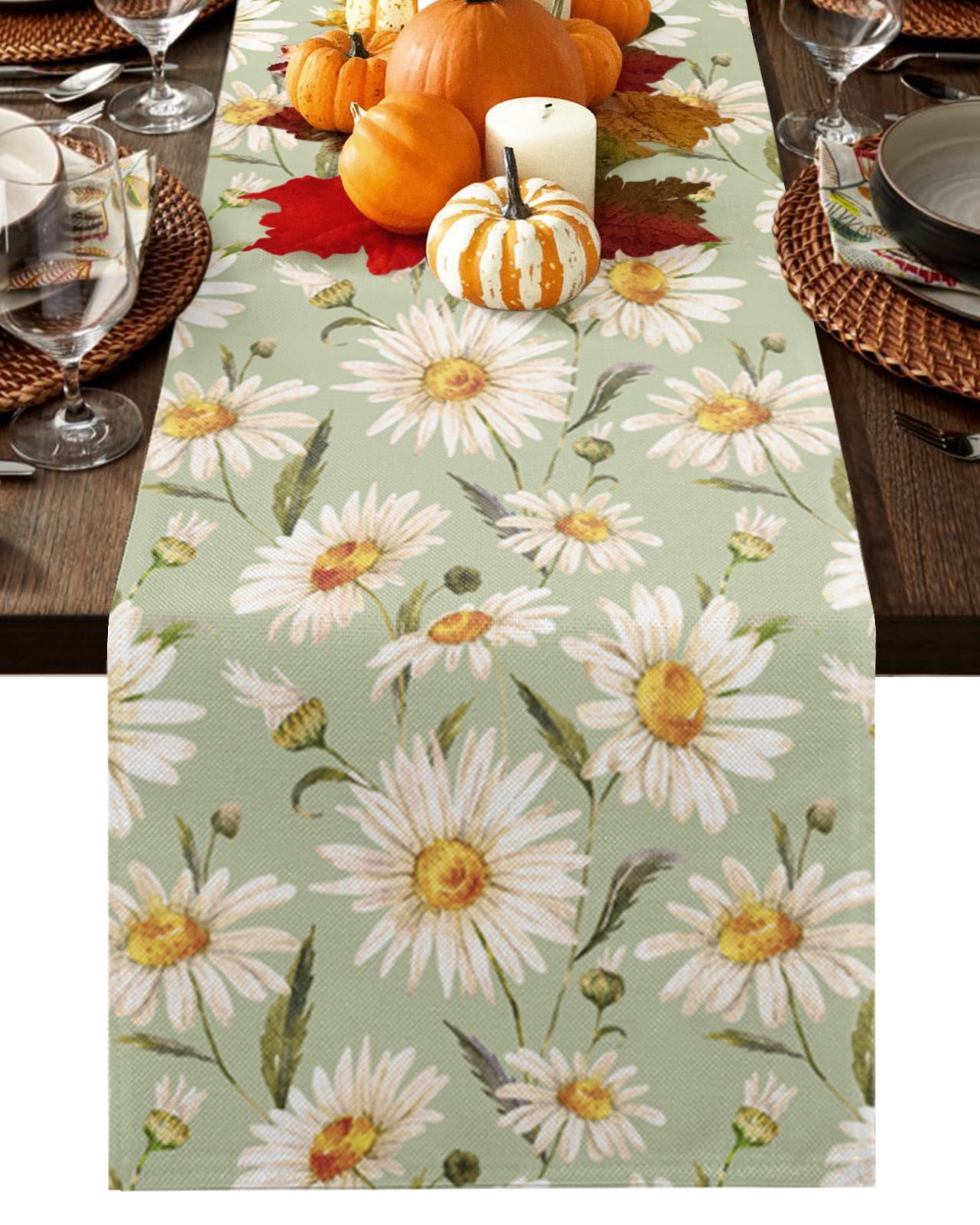 Daisy Watercolor Textured Green Table Runner ration Home r Dinner Table ...