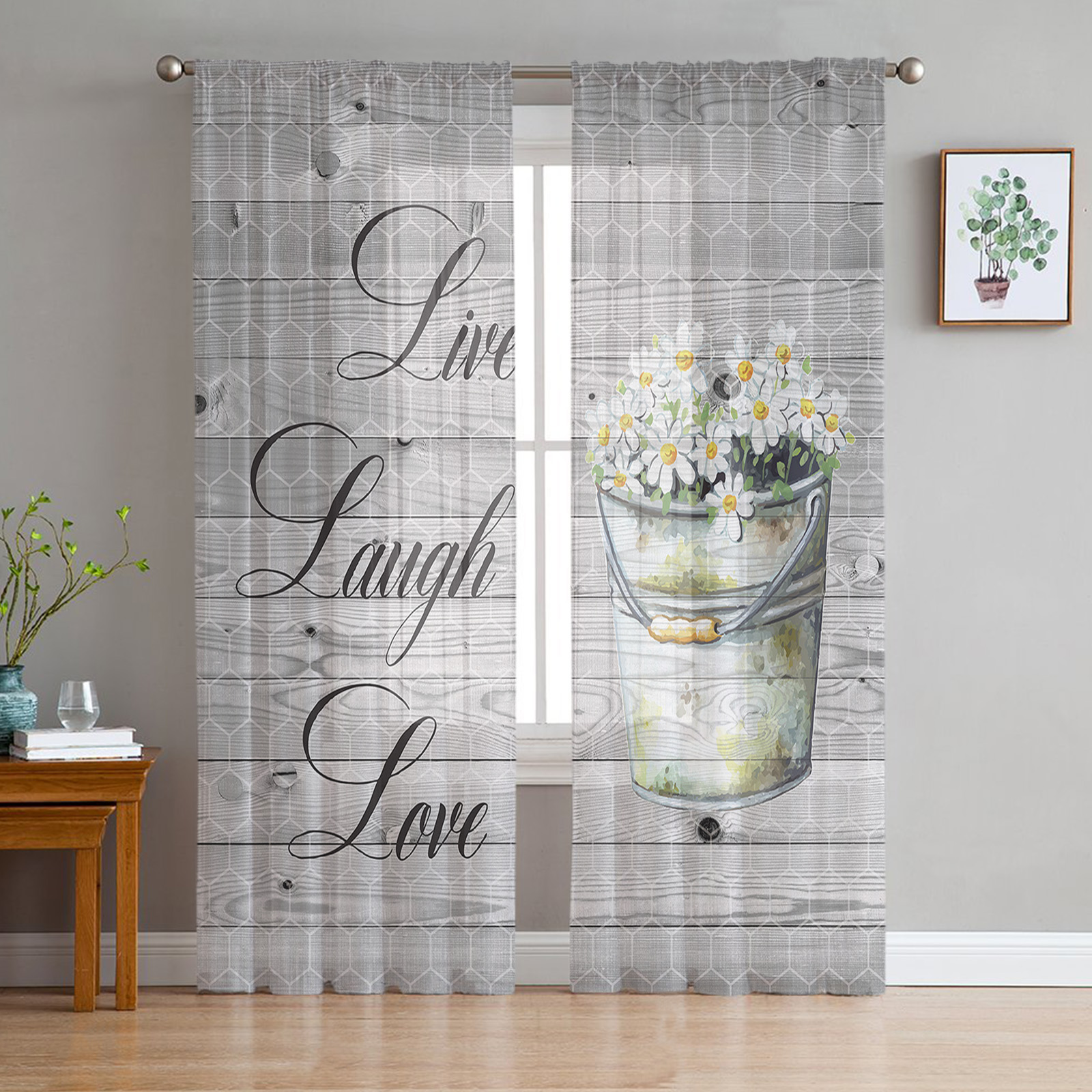 Daisy Waterdrop Wood Grain Sheer Curtains for Living Room Bedroom ...