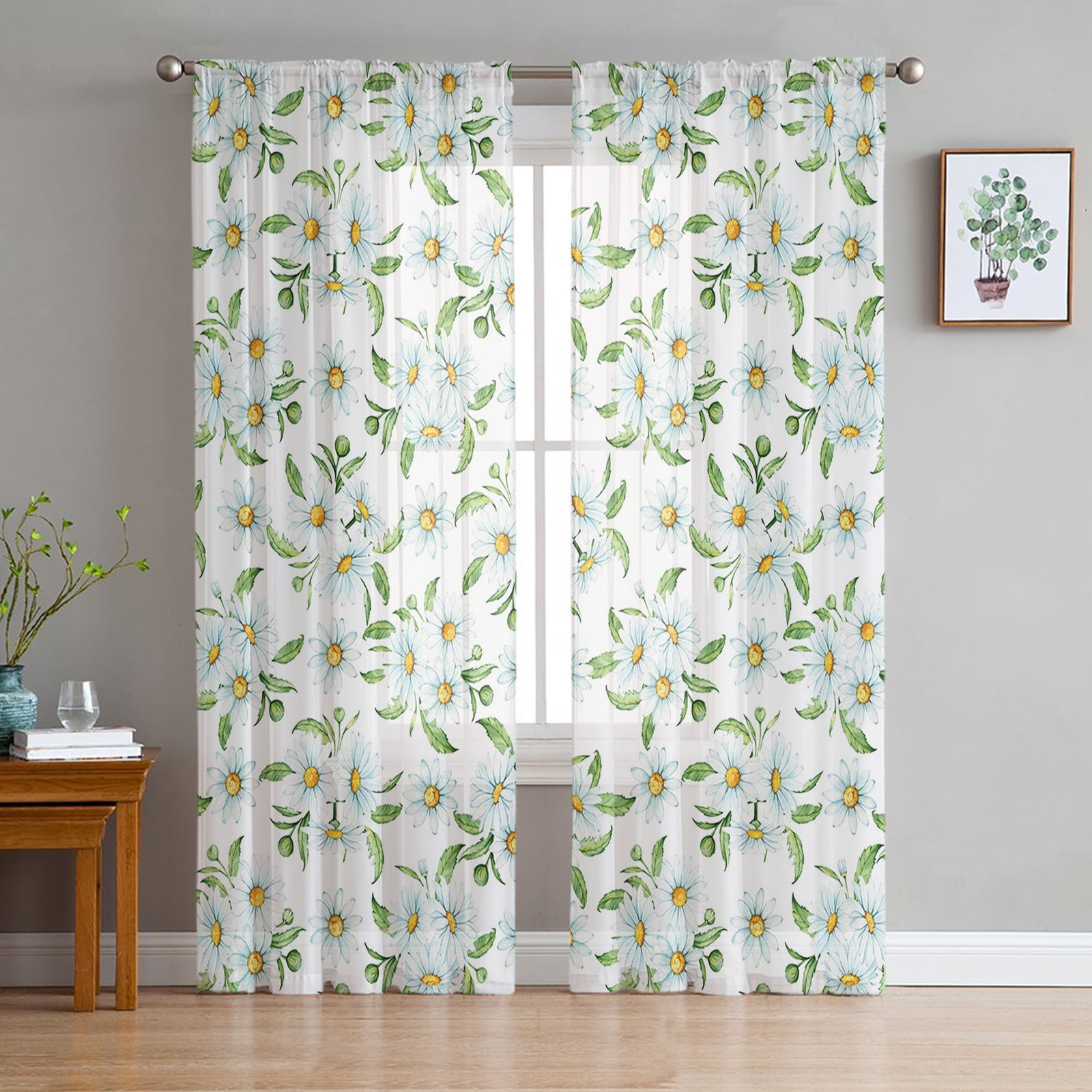 Daisy Waterdrop Wood Grain Sheer Curtains for Living Room Bedroom ...