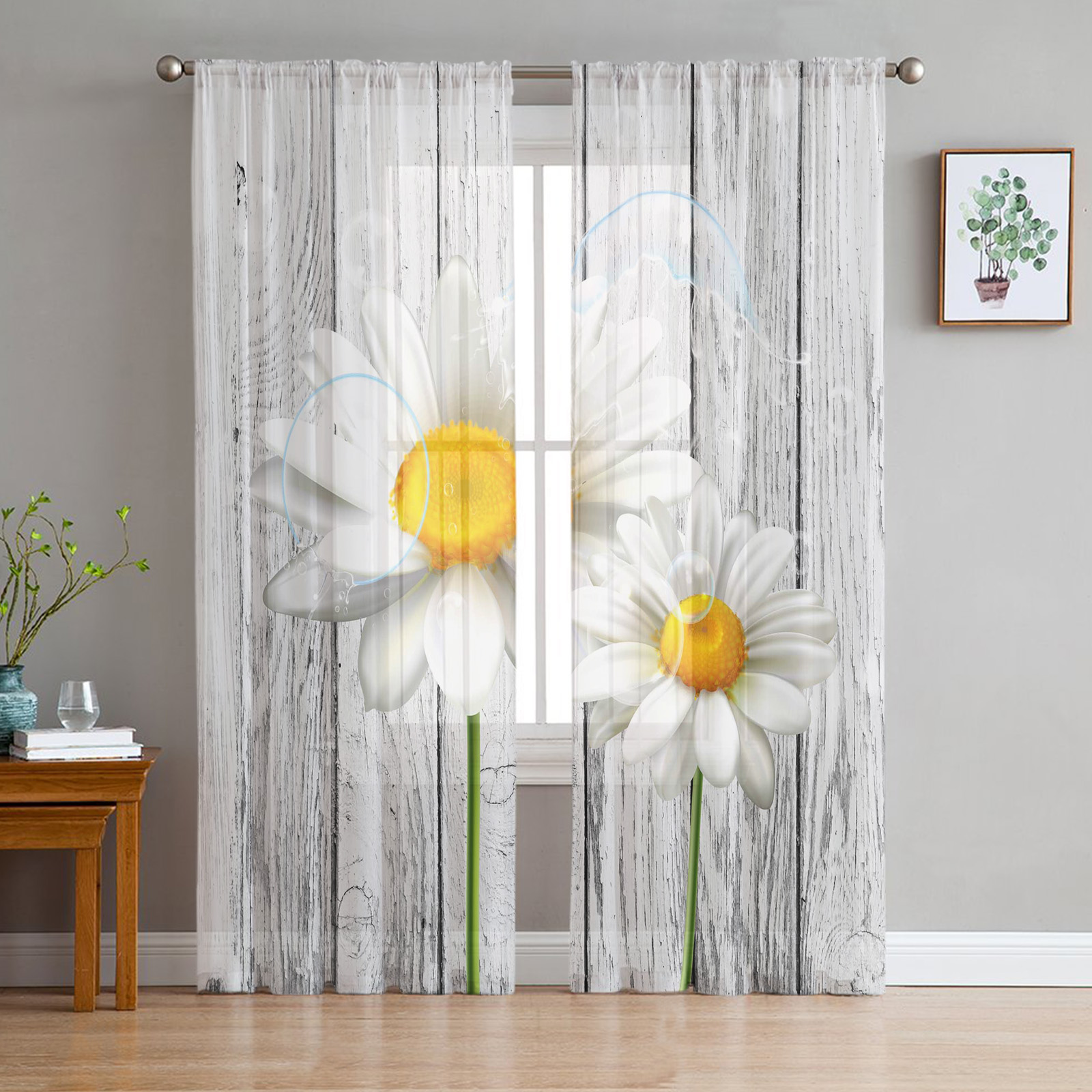 Daisy Waterdrop Wood Grain Tulle Curtains for Living Room Bedroom ...