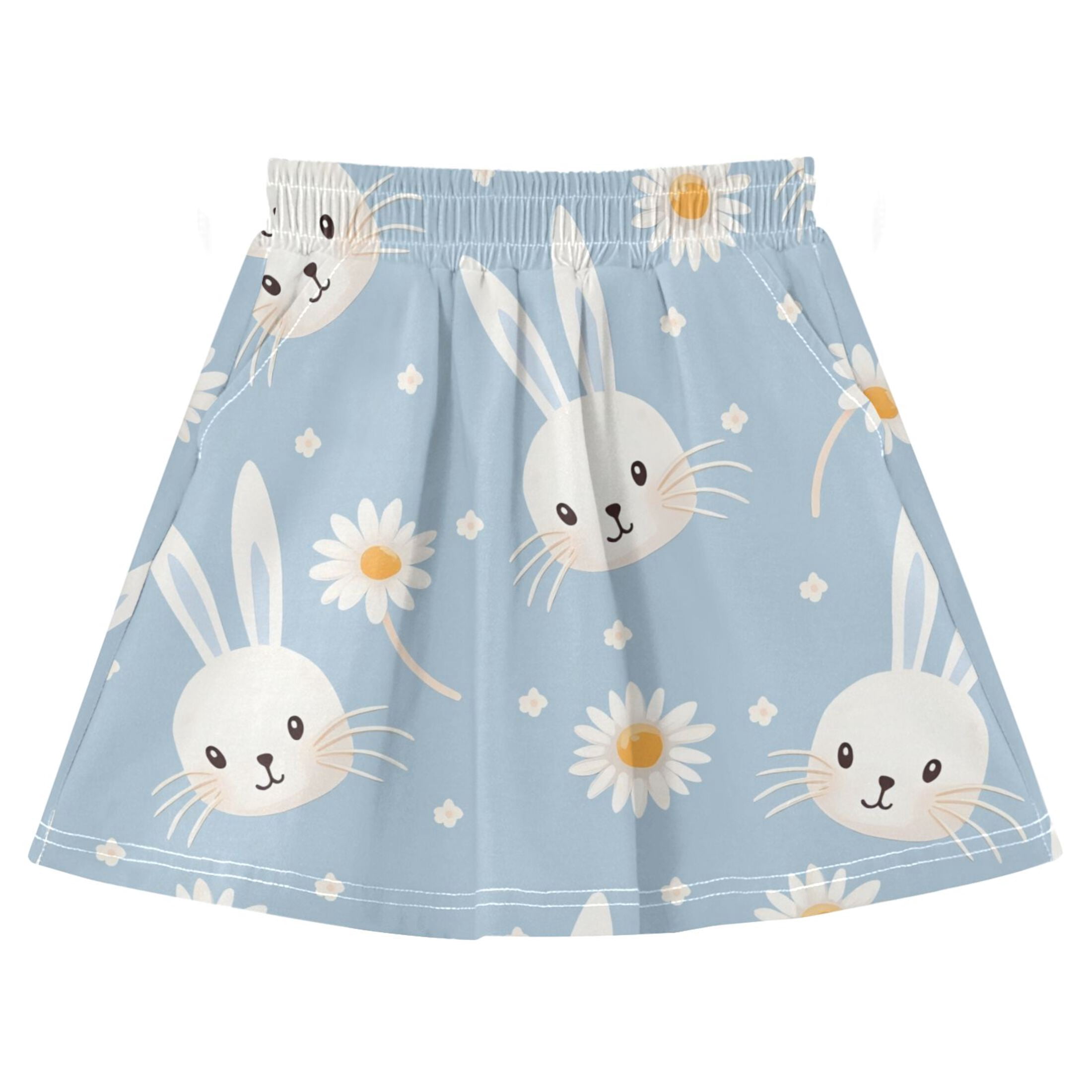 Daisy White Rabbit Pattern Cotton Skirt Built-in Liner Elastic A-Line ...