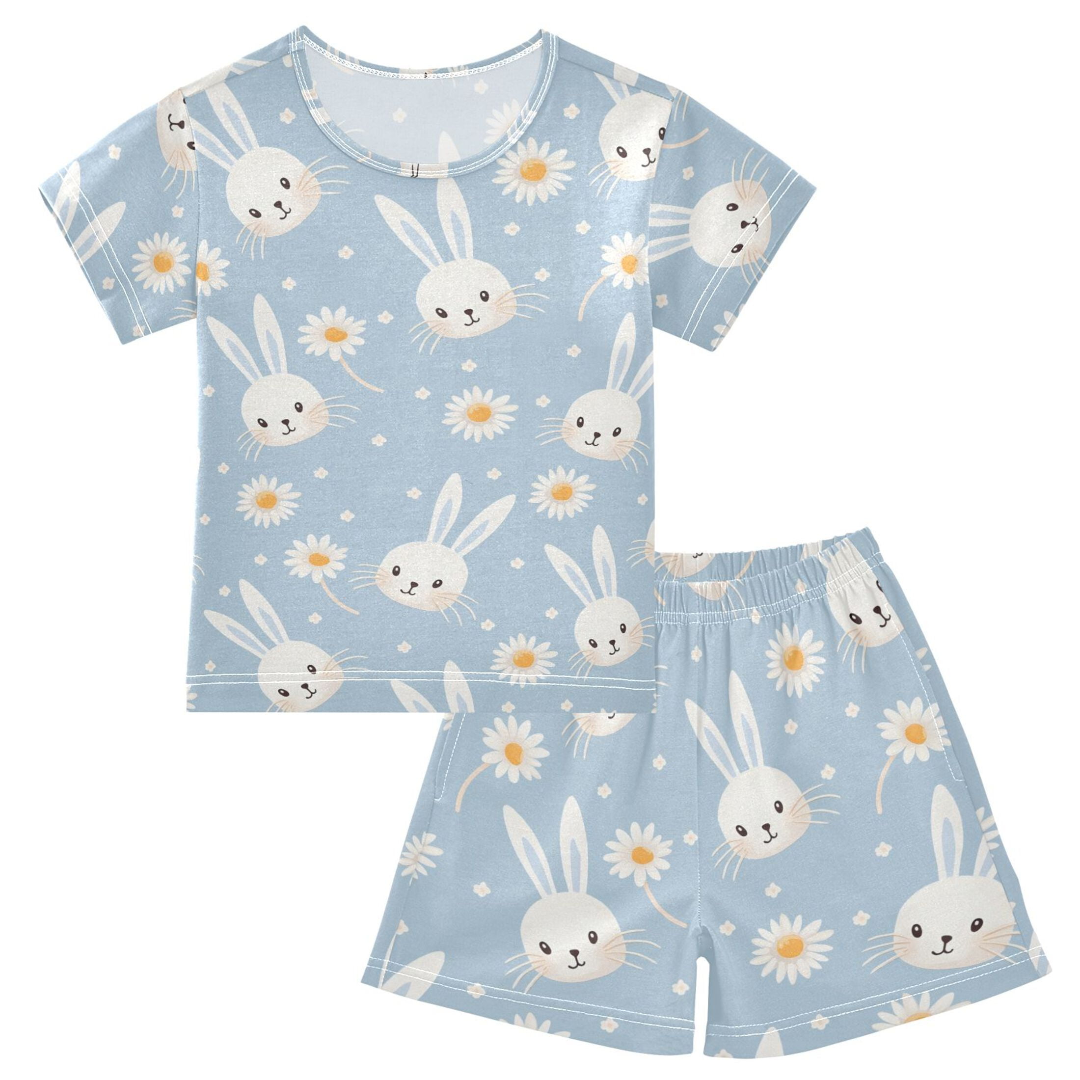 Daisy White Rabbit Pattern Summer Pajama Set Soft Cotton Short Sleeve ...