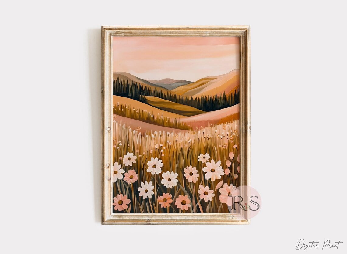 Daisy Wildflower Mountain Boho Sunset Landscape Painting Art Print ...