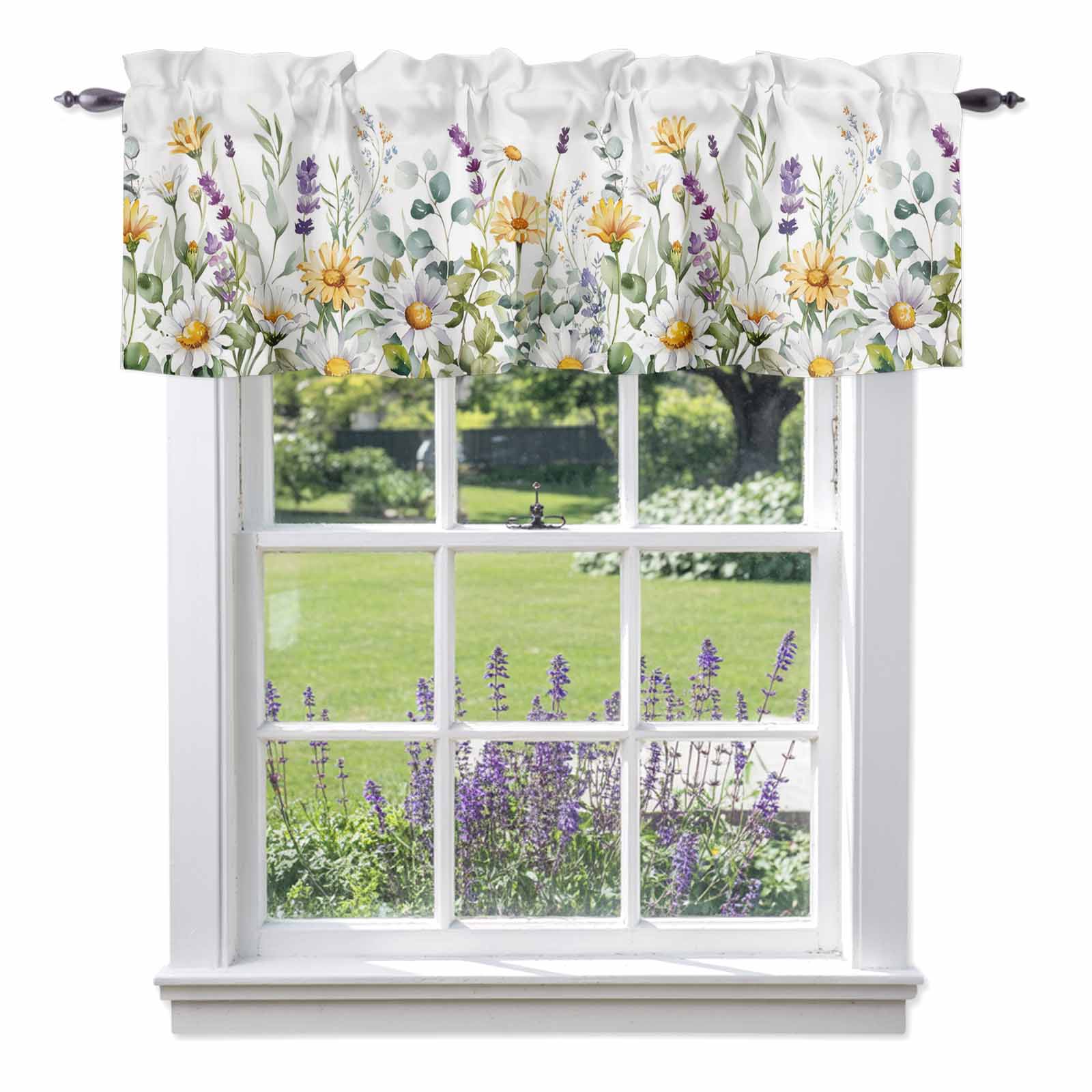Daisy Wildflowers Valance Curtain Lavender Eucalyptus Leaves Pastoral ...