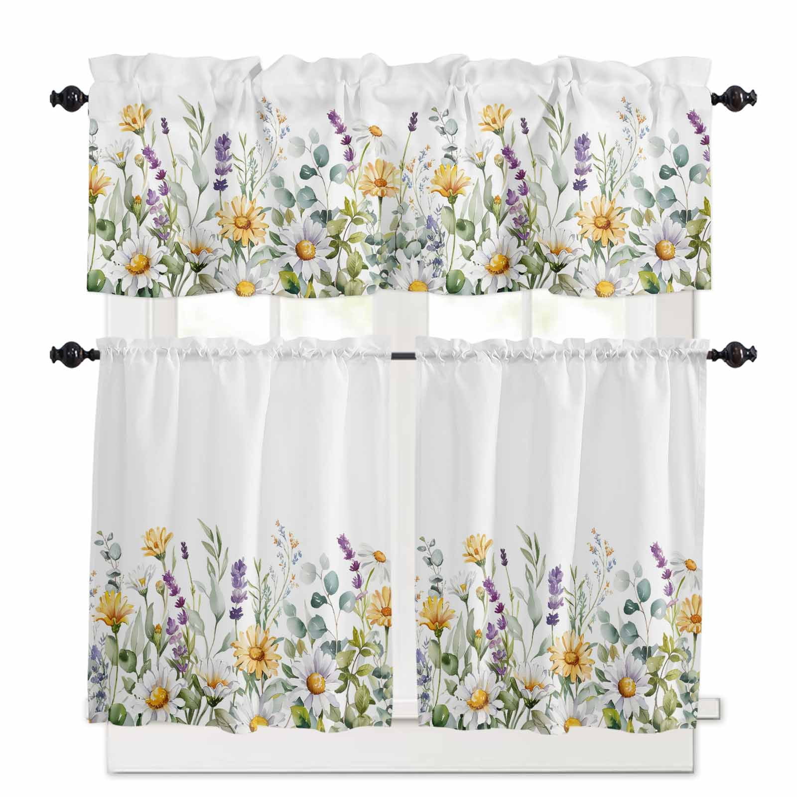 Daisy Wildflowers Window Curtains Valance Set of 3 Lavender Eucalyptus ...