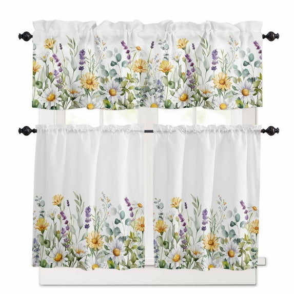Daisy Wildflowers Window Curtains Valance Set of 3 Lavender Eucalyptus ...