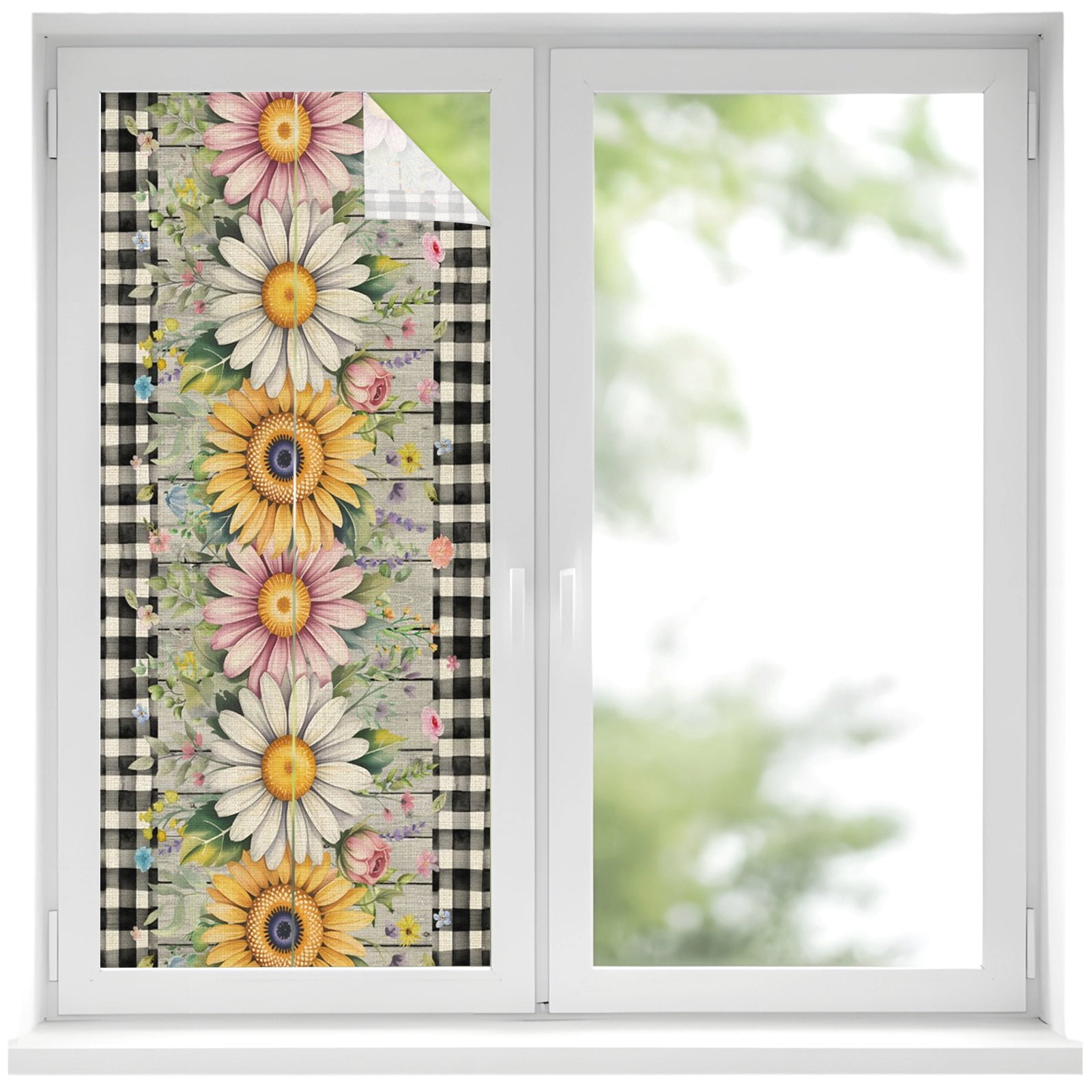 Daisy Window Privacy Film, Spring Pink White Yellow Floral Wood Grain ...