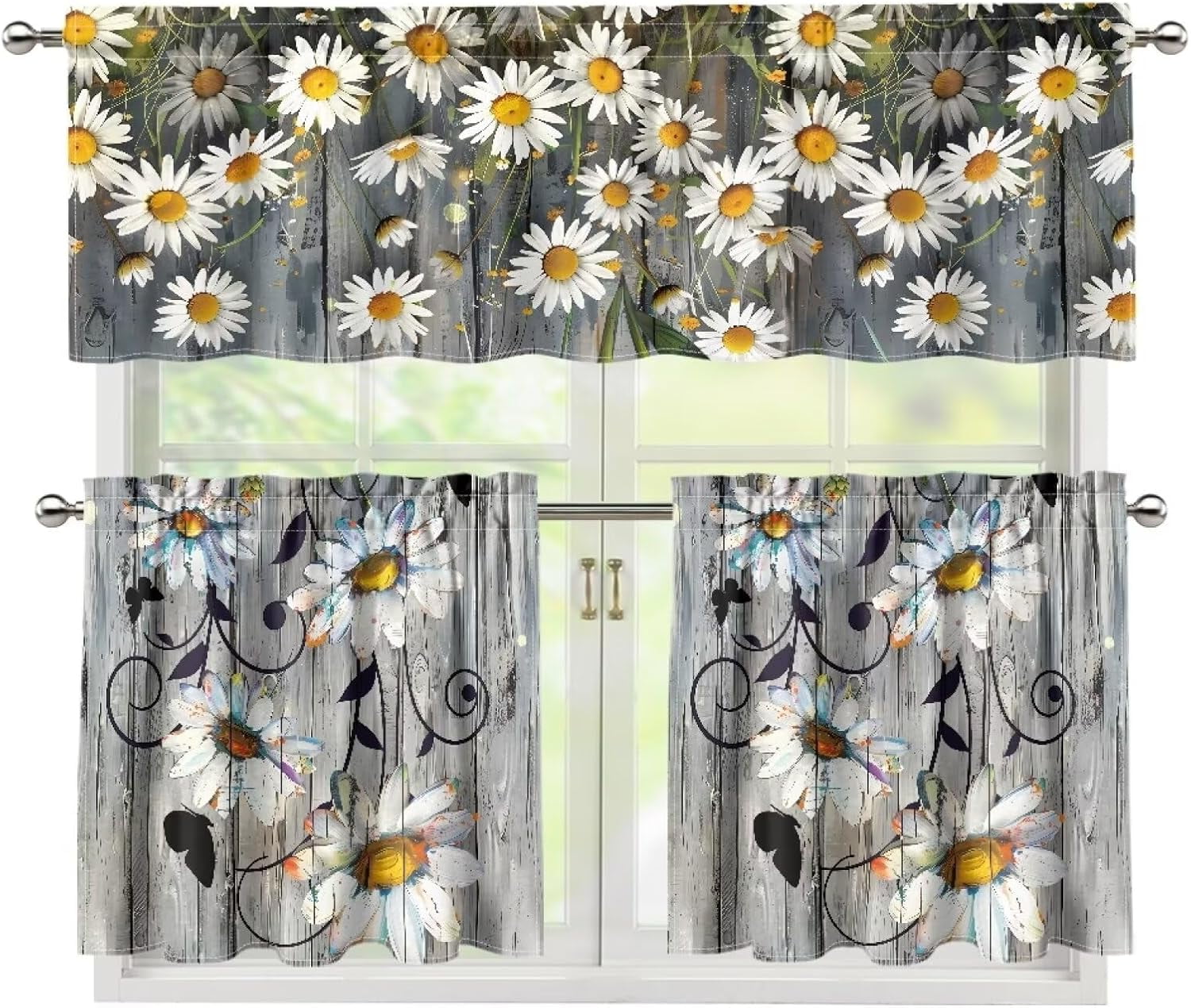 Daisy Wood Board Rustic Home Kitchen Curtains and Valances Set, Window ...