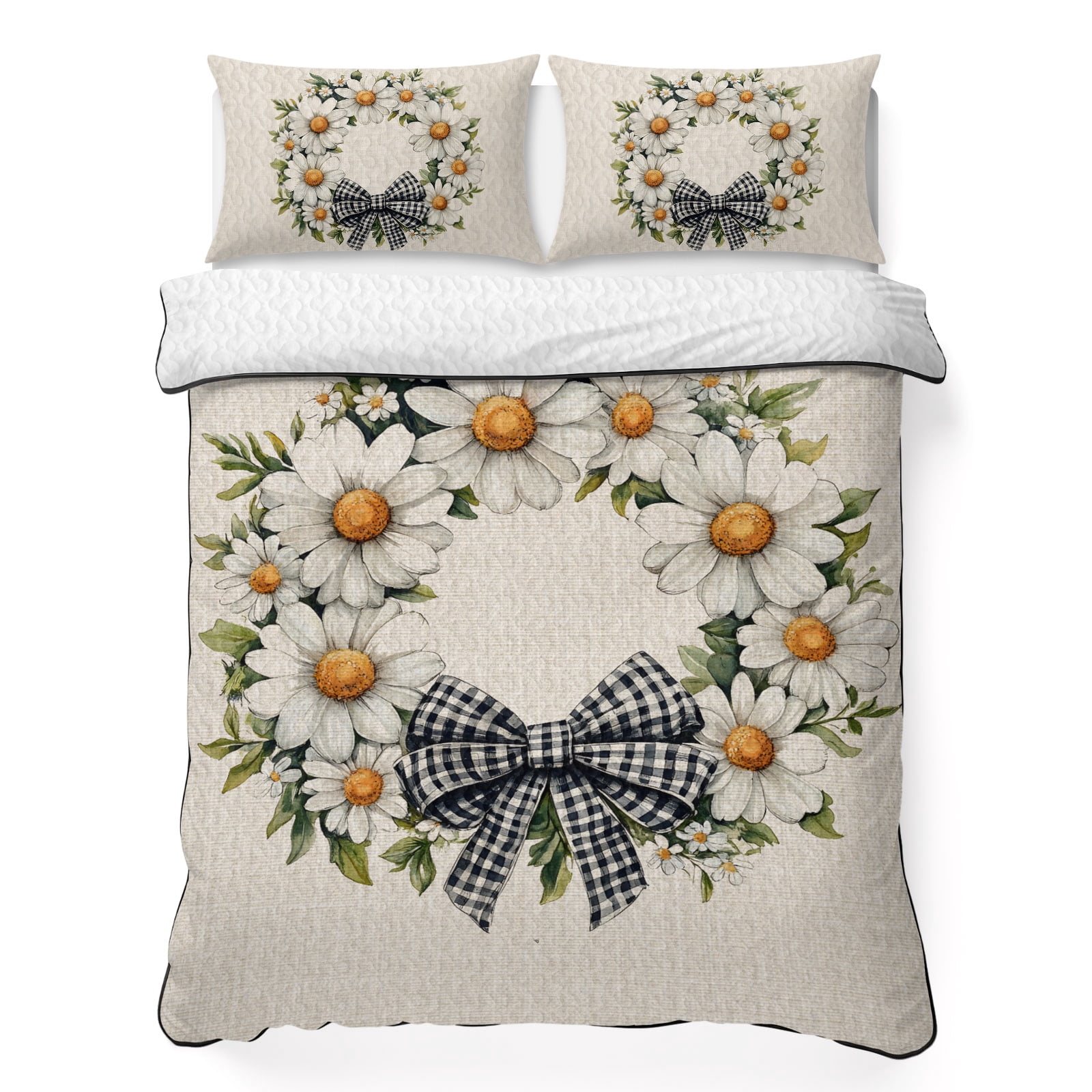 Daisy Wreath 3 Piece Quilt Bedding Set with 2 Pillow Shams, Spring ...