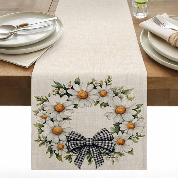 Daisy Wreath Cotton Linen Table Runner Spring Retro Black White ...