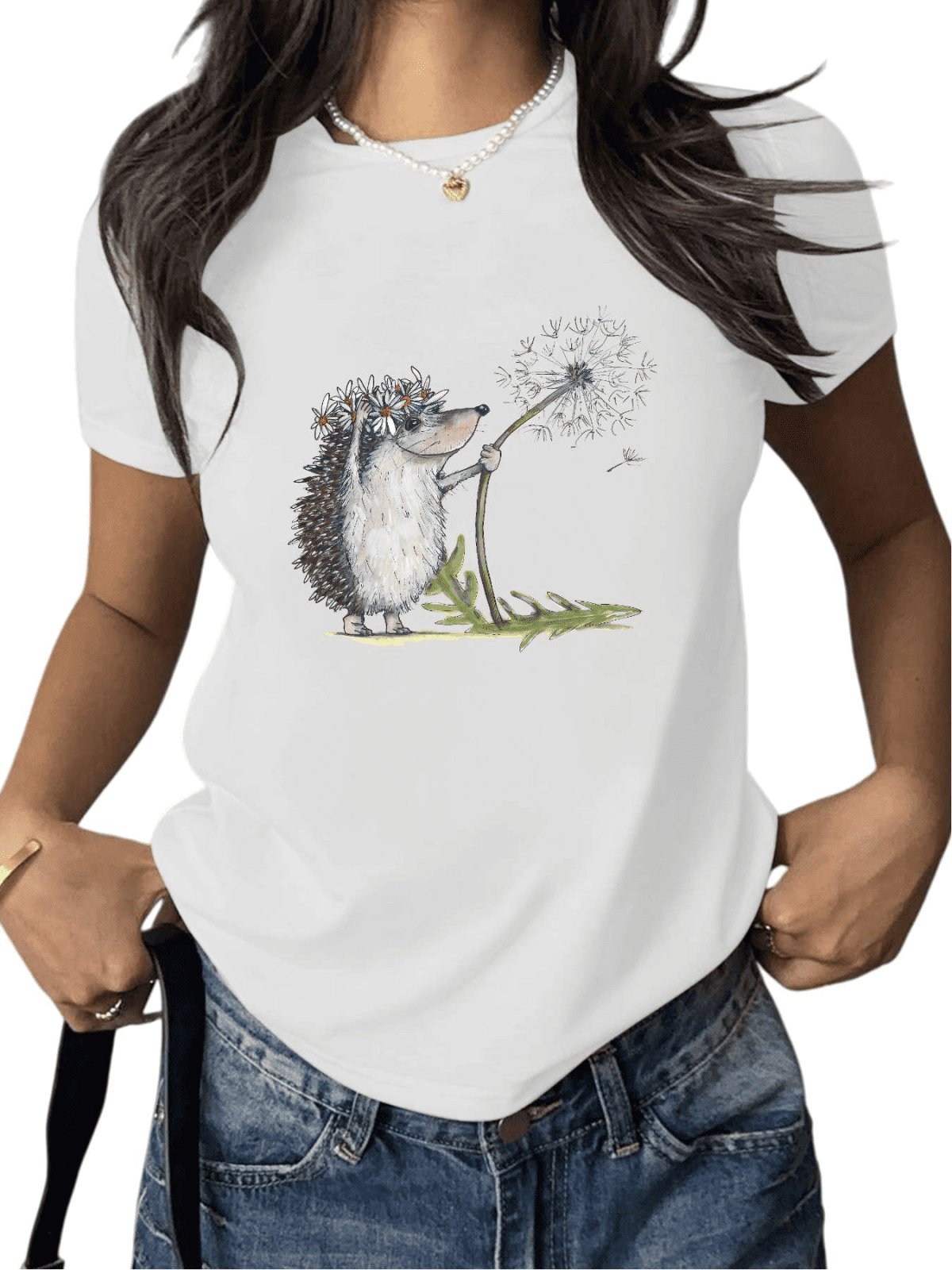Daisy Wreath Hedgehog Blowing Dandelion White S-5XL Women's Cotton ...
