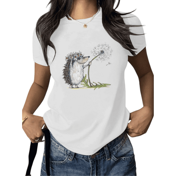 Daisy Wreath Hedgehog Blowing Dandelion White S-5XL Women's Cotton ...