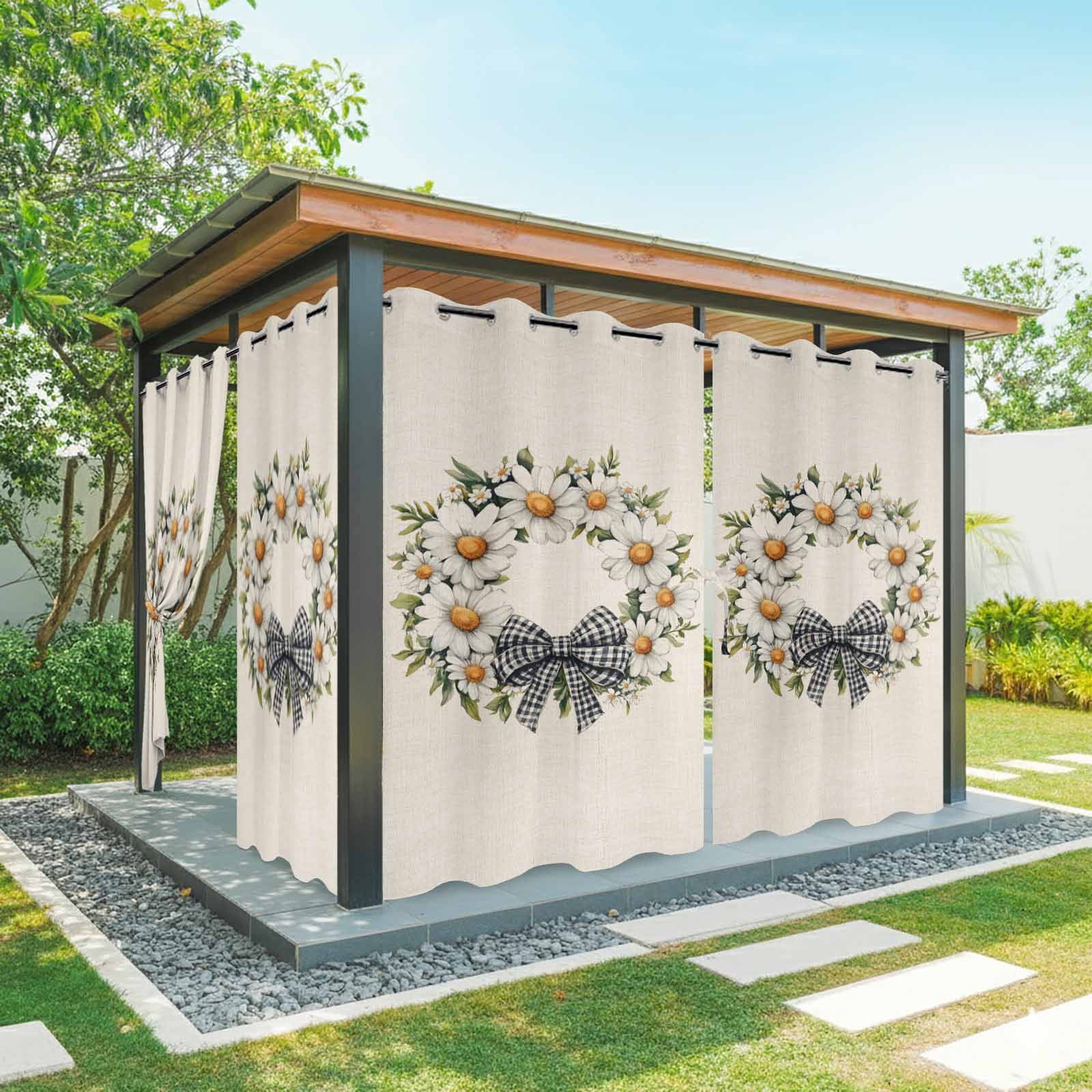 Daisy Wreath Outdoor Curtains for Patio Waterproof, Spring Retro Black ...