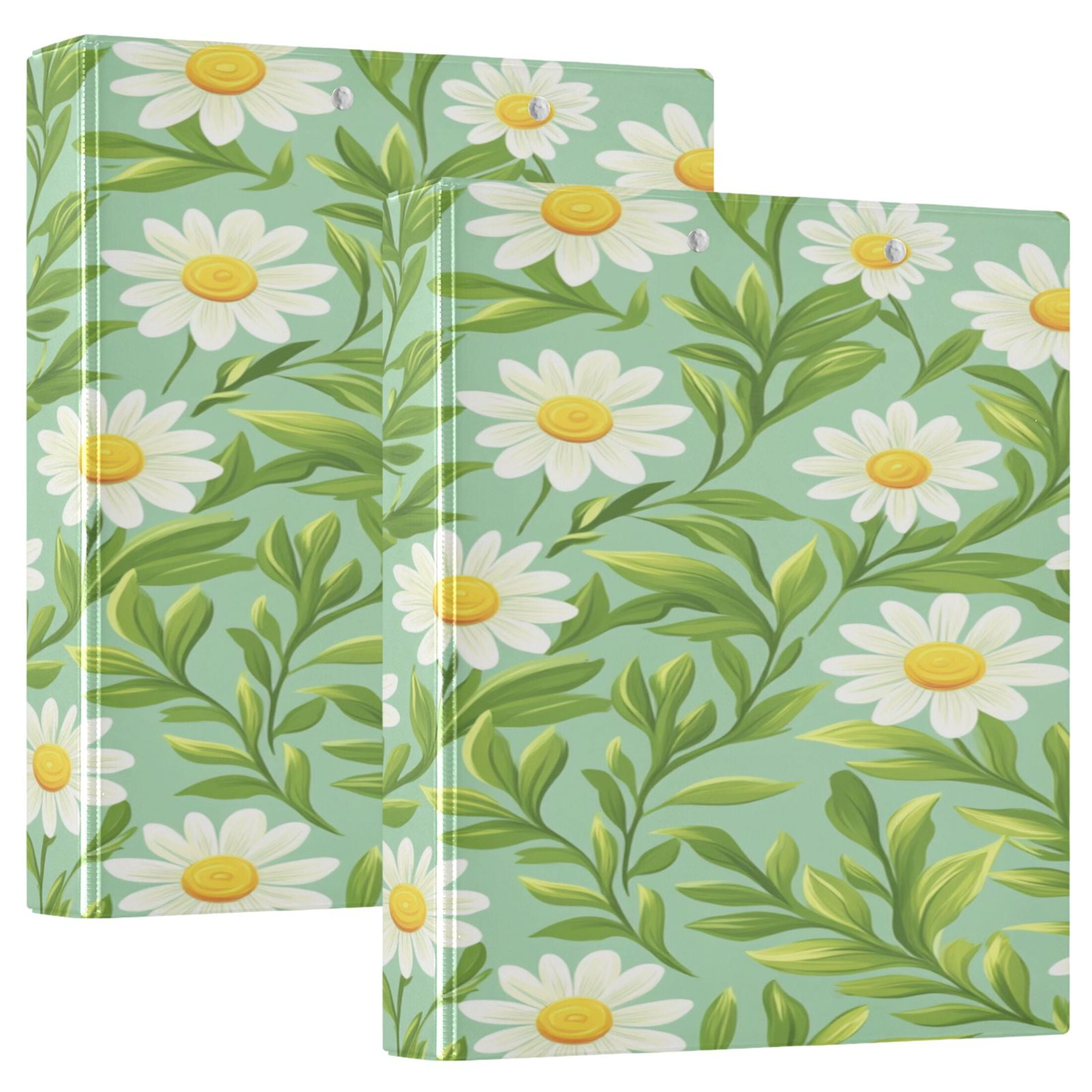 Daisy and Leaf Pattern 12.4x10.6in PVC Round Ring Binders, 2-Pack, D-Ring 3-Hole, Metal Clip ...