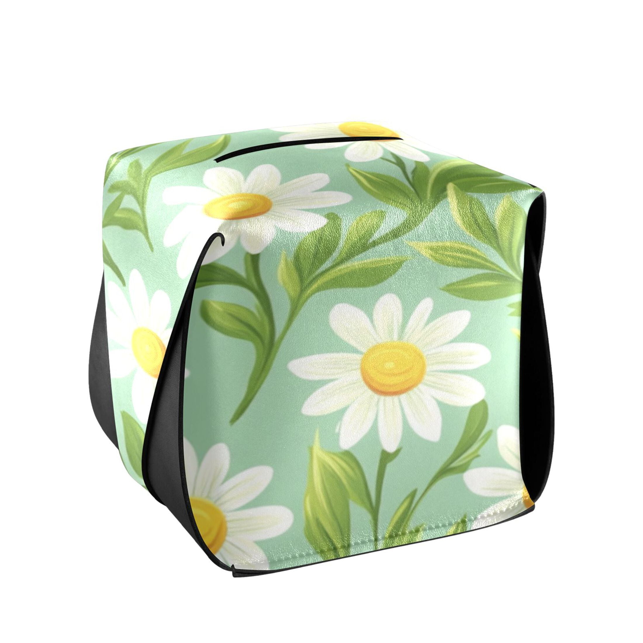 Daisy and Leaf Pattern 5.7in Leather Tissue Box Cover Square PVC ...