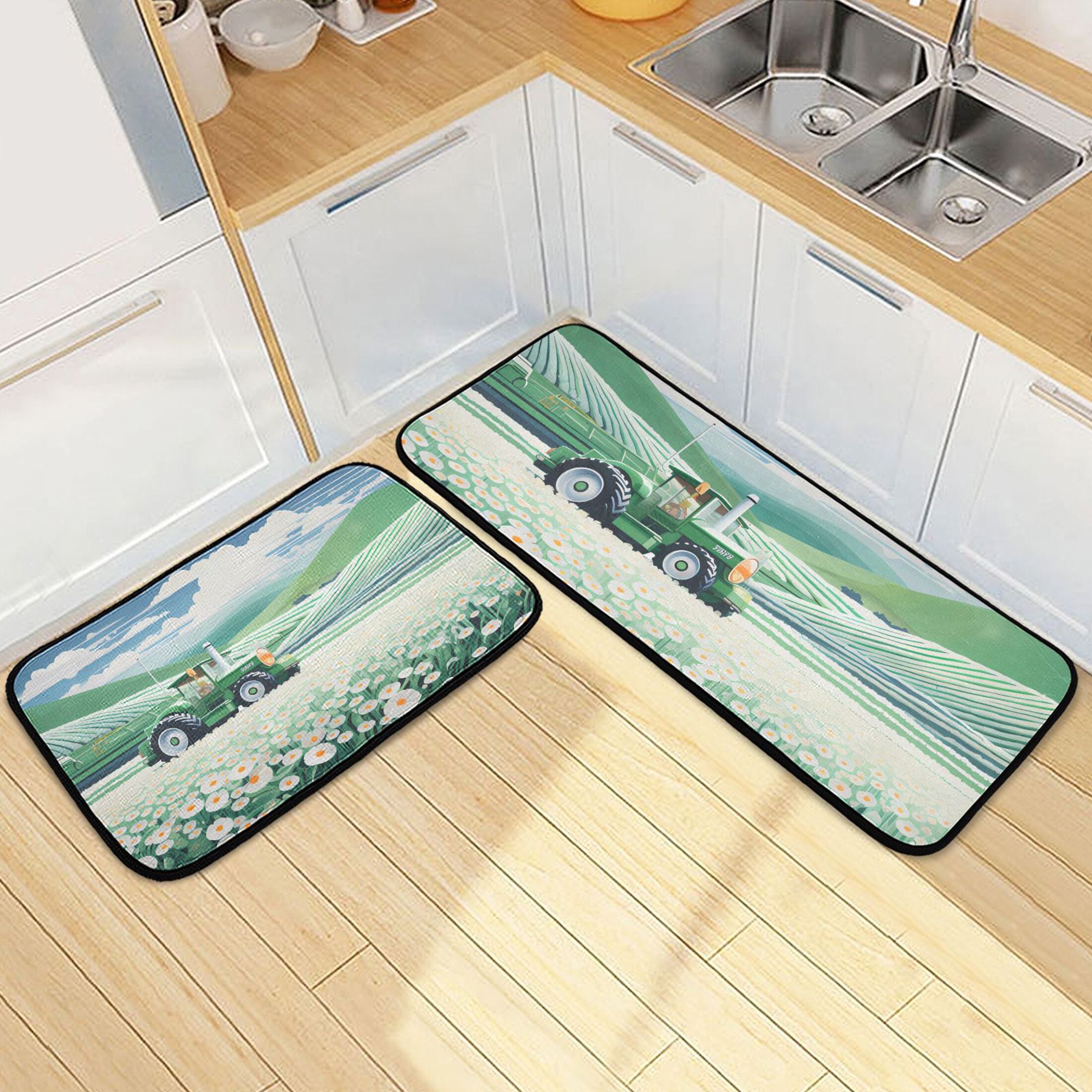 Daisy and Truck Landscape Kitchen Rugs Set of 2 Non Slip Floor Foam Mat ...