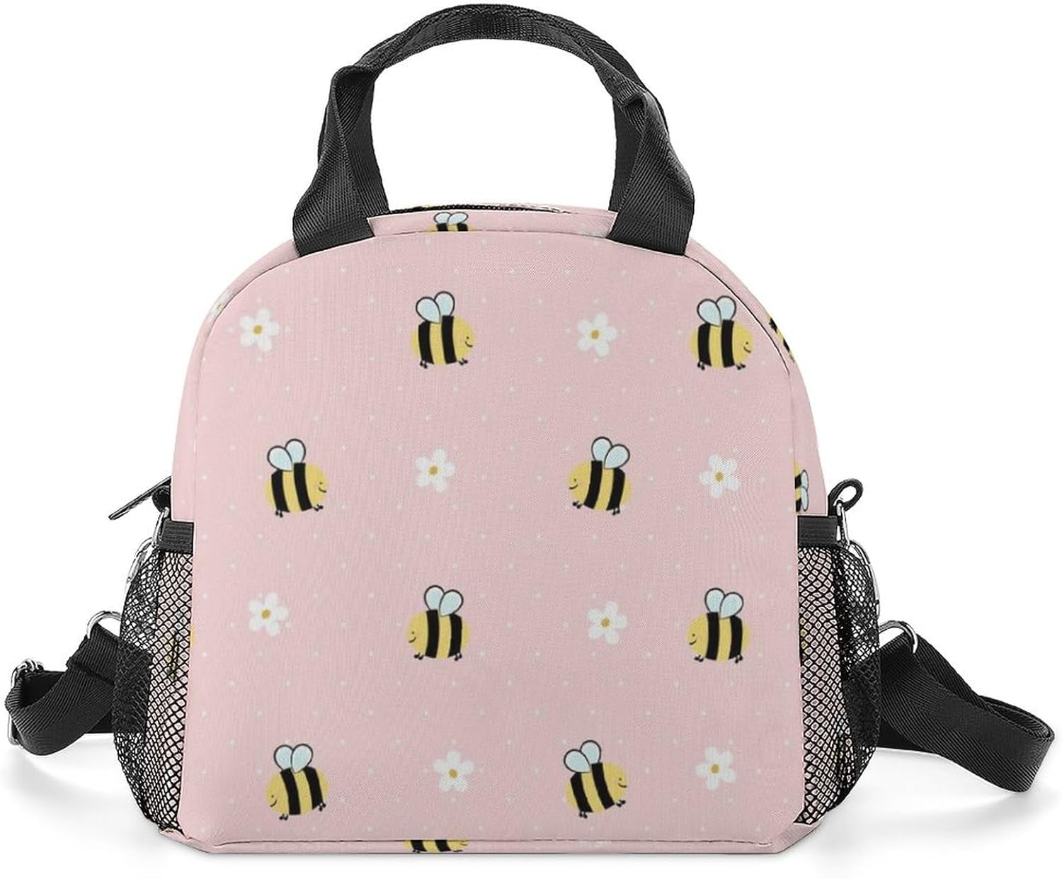 Daisy-flower-bees-cartoons-pink Portable Lunch Bag Reusable Lunch Tote ...
