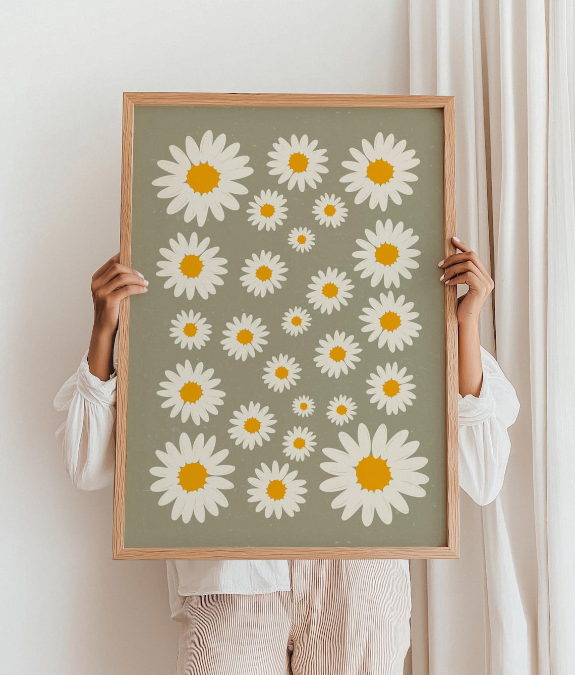 Daisy flowers Poster sage green floral daisies art white botanical ...