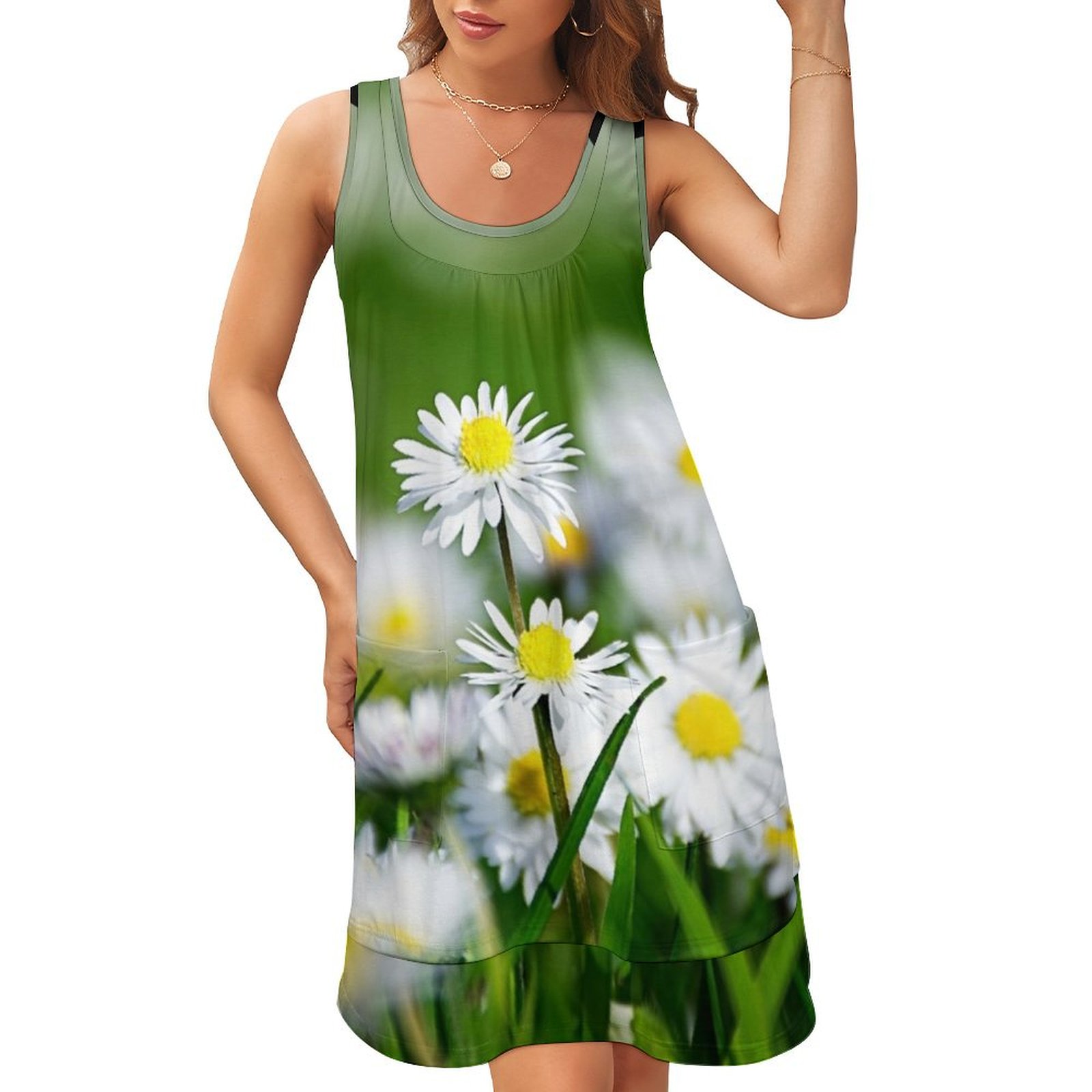 Daisy land art work. Sleeveless U-Neck Fake Two Piece Dress elegant ...