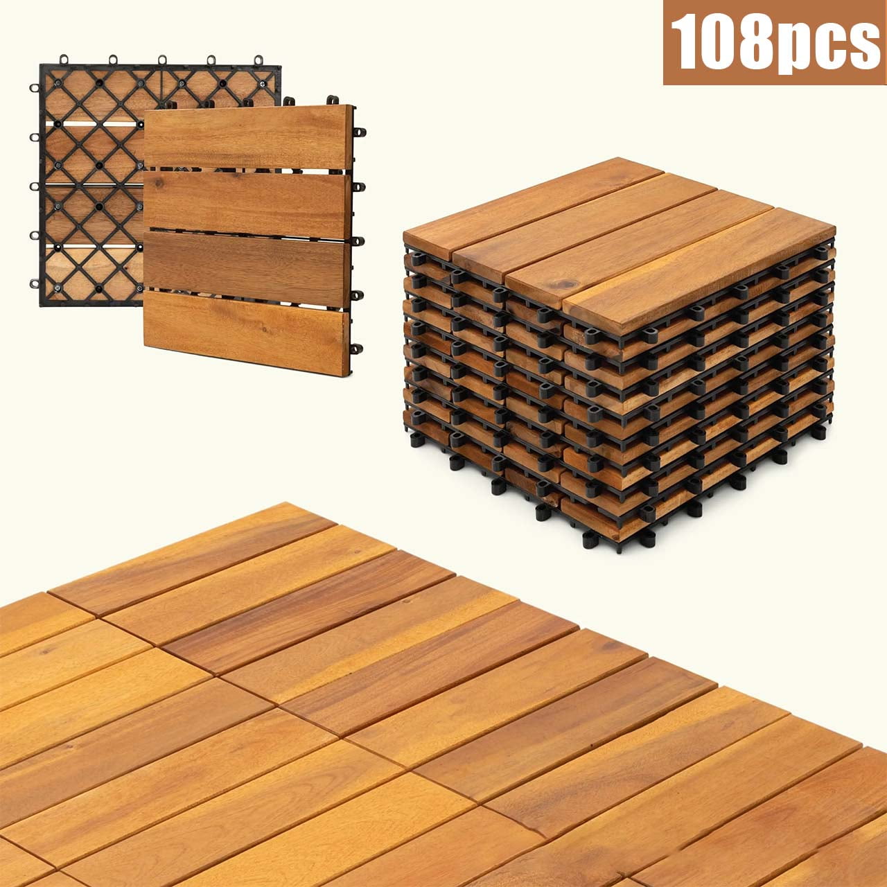 Daisypudding 108Pcs Outdoor Wood Interlocking Flooring Tiles, 12"x12 ...