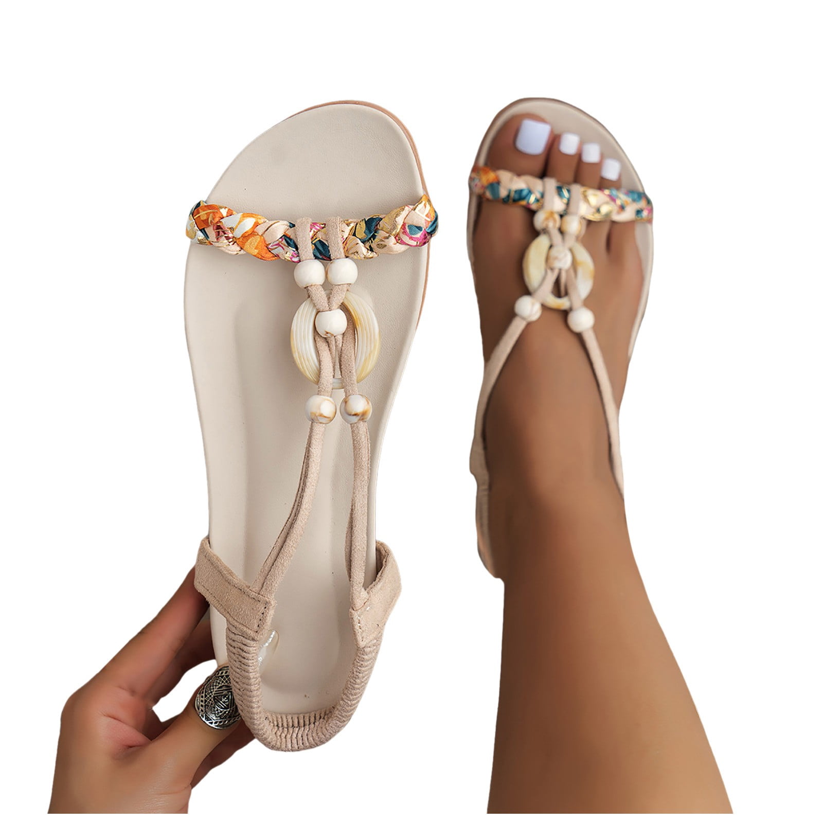 Dakaela Bohemian Flat Sandals for Women T Strap Summer Walking Slip on ...