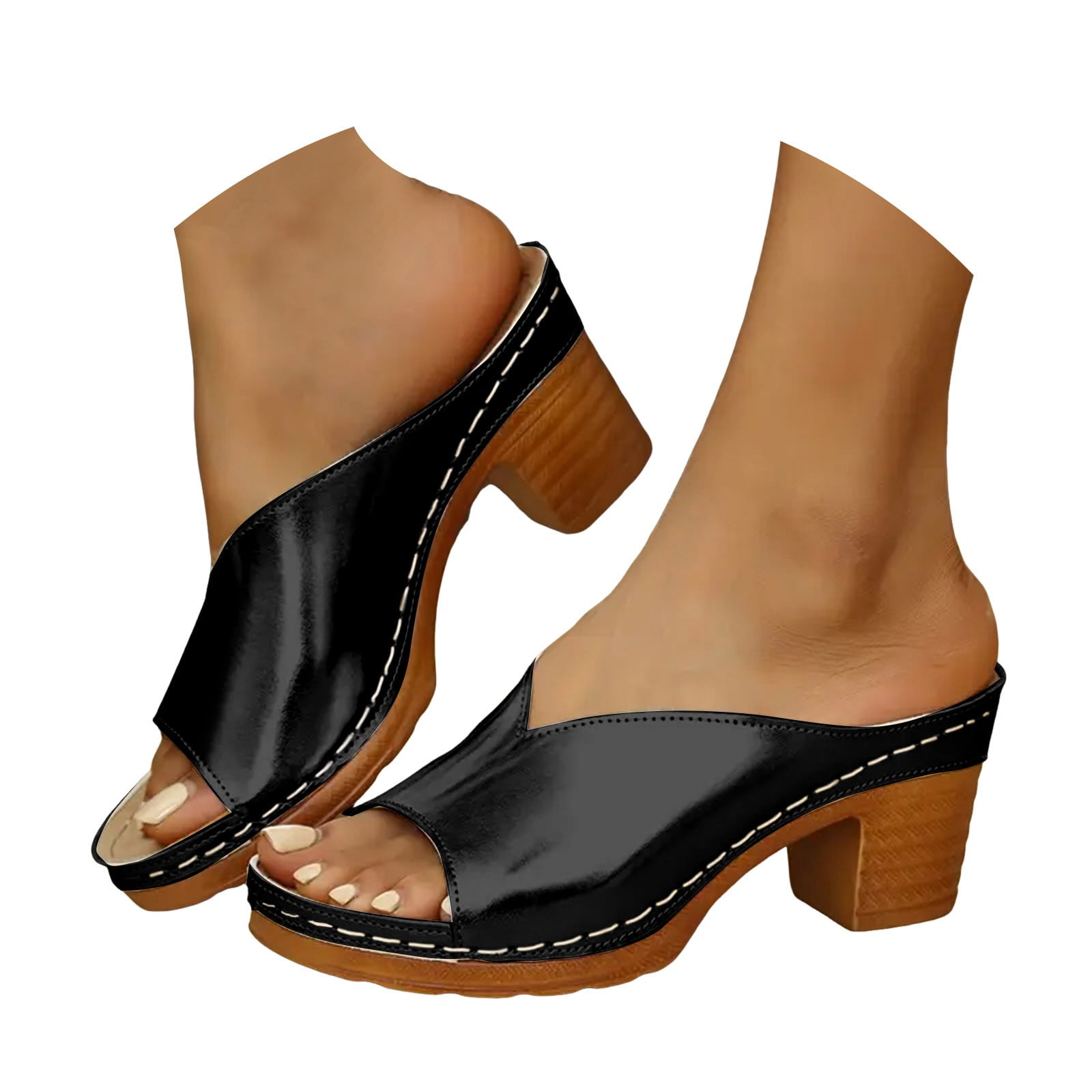Dakaela Chunky Heel Slide Sandals for Women Leather Dress Shoes Peep ...
