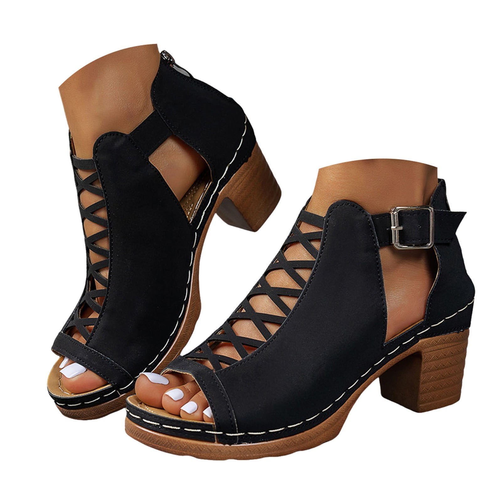 Dakaela Chunky Heeled Sandals for Women Bohemian Cutout Open Toe ...