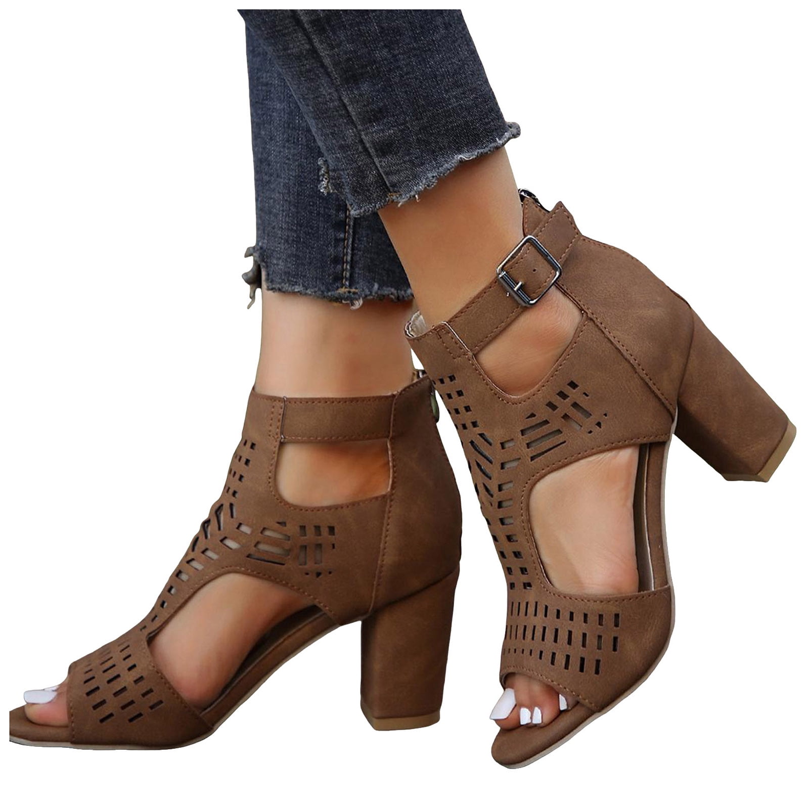 Dakaela Chunky Heeled Sandals for Womens Bohemian Cutout Open Toe ...
