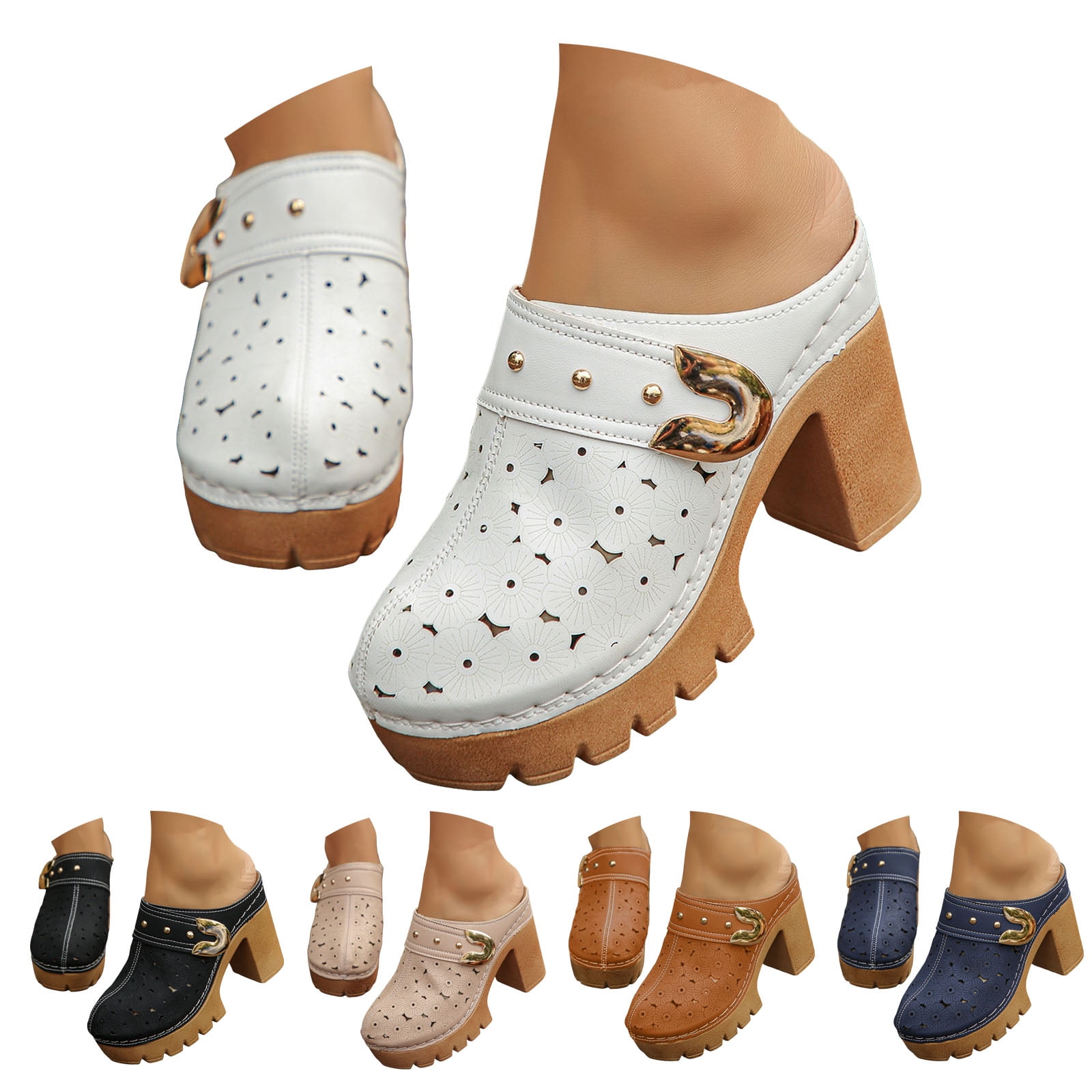 Dakaela Clogs for Women Chunky High Heel Slip on Mules Closed Round Toe ...