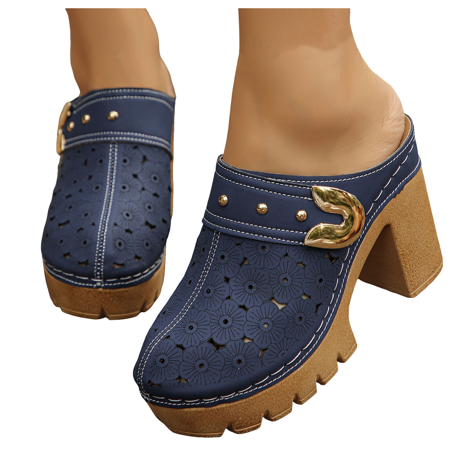 Dakaela Clogs for Women Chunky High Heel Slip on Mules Closed Round Toe ...